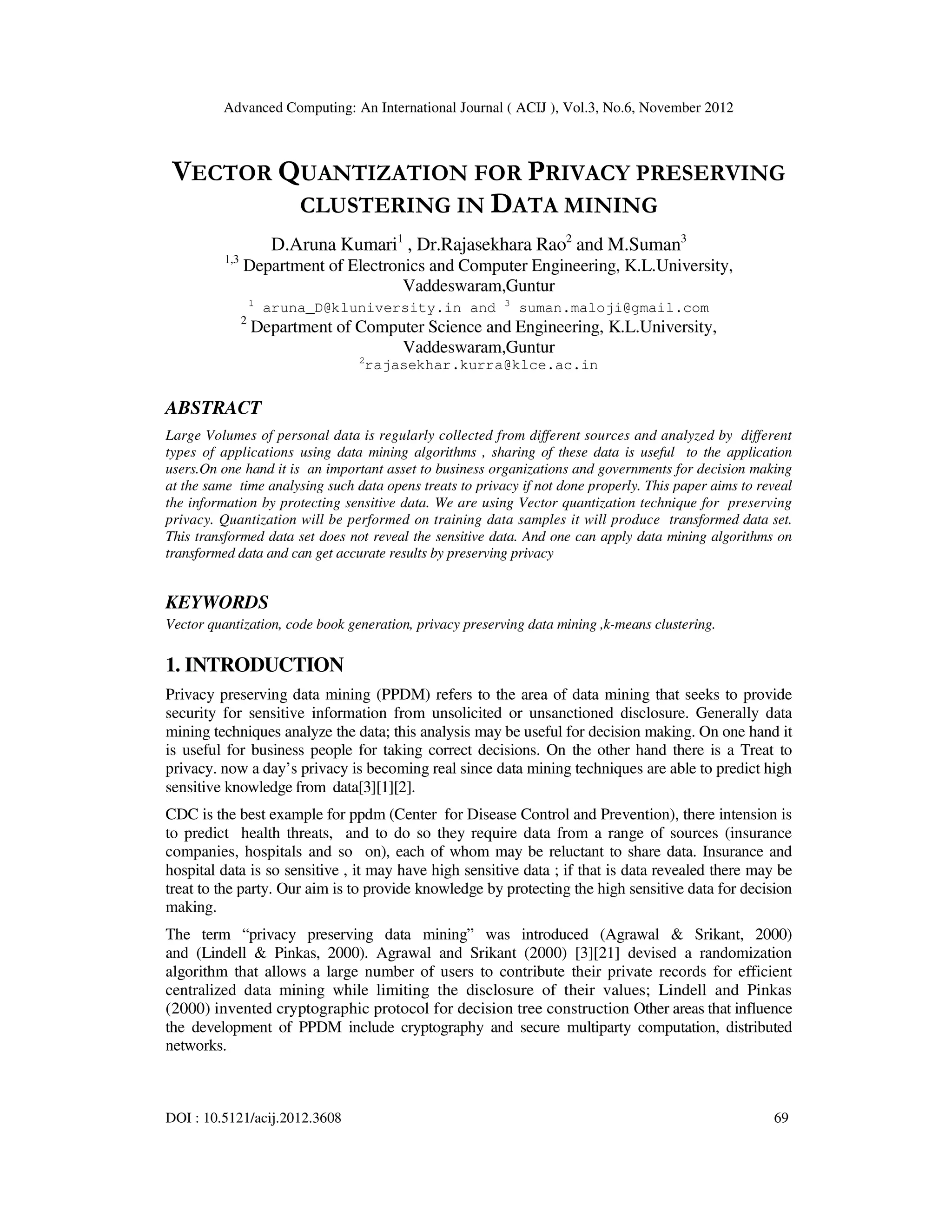 VECTOR QUANTIZATION FOR PRIVACY PRESERVING CLUSTERING IN DATA MINING | PDF | Databases ...