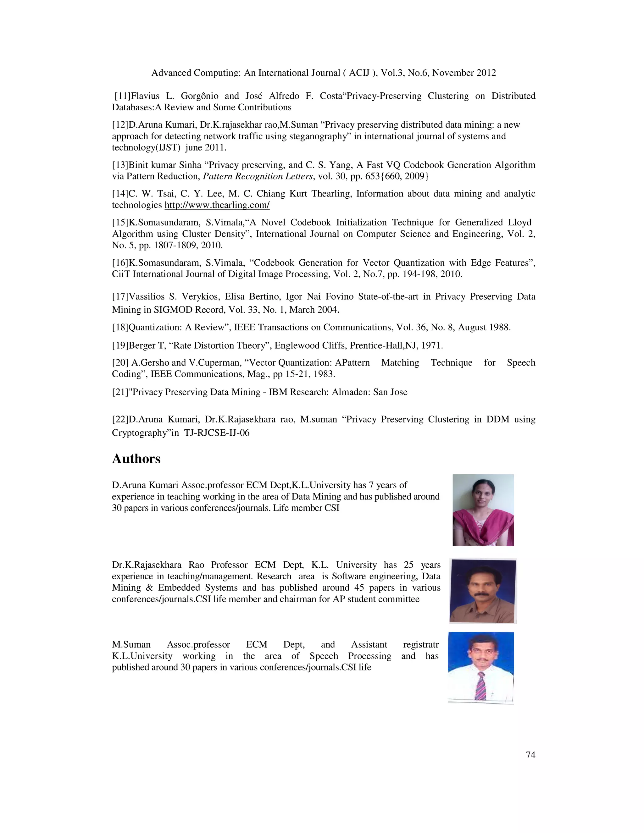 VECTOR QUANTIZATION FOR PRIVACY PRESERVING CLUSTERING IN DATA MINING | PDF | Databases ...