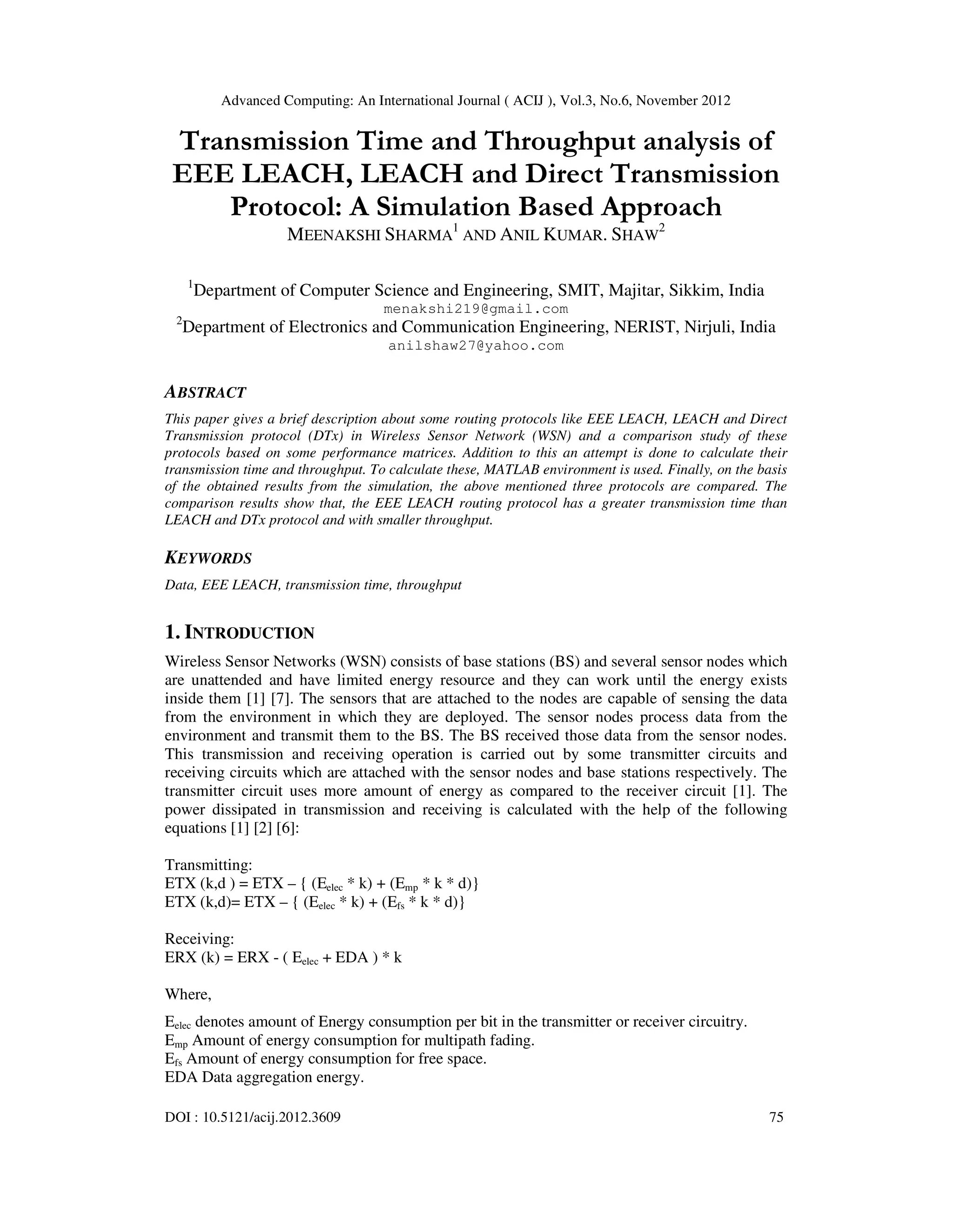 Transmission Time and Throughput analysis of EEE LEACH, LEACH and ... Transmission Time and Throughput analysis of EEE LEACH, LEACH and ...