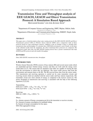 Transmission Time and Throughput analysis of EEE LEACH, LEACH and Direct Transmission Protocol ...