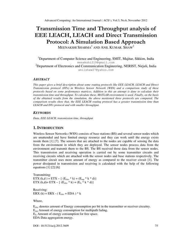 Transmission Time and Throughput analysis of EEE LEACH, LEACH and Direct Transmission Protocol ...
