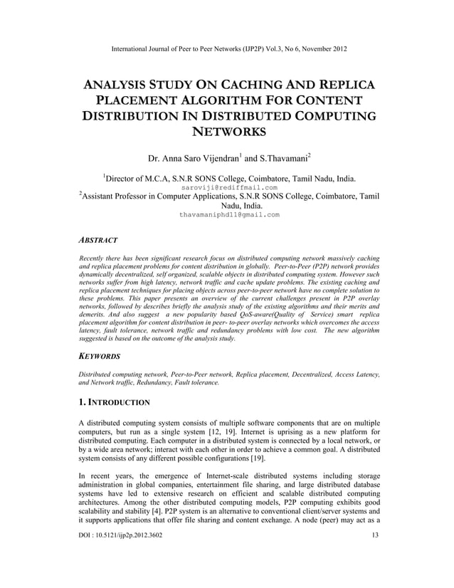 ANALYSIS STUDY ON CACHING AND REPLICA PLACEMENT ALGORITHM FOR CONTENT DISTRIBUTION IN ...