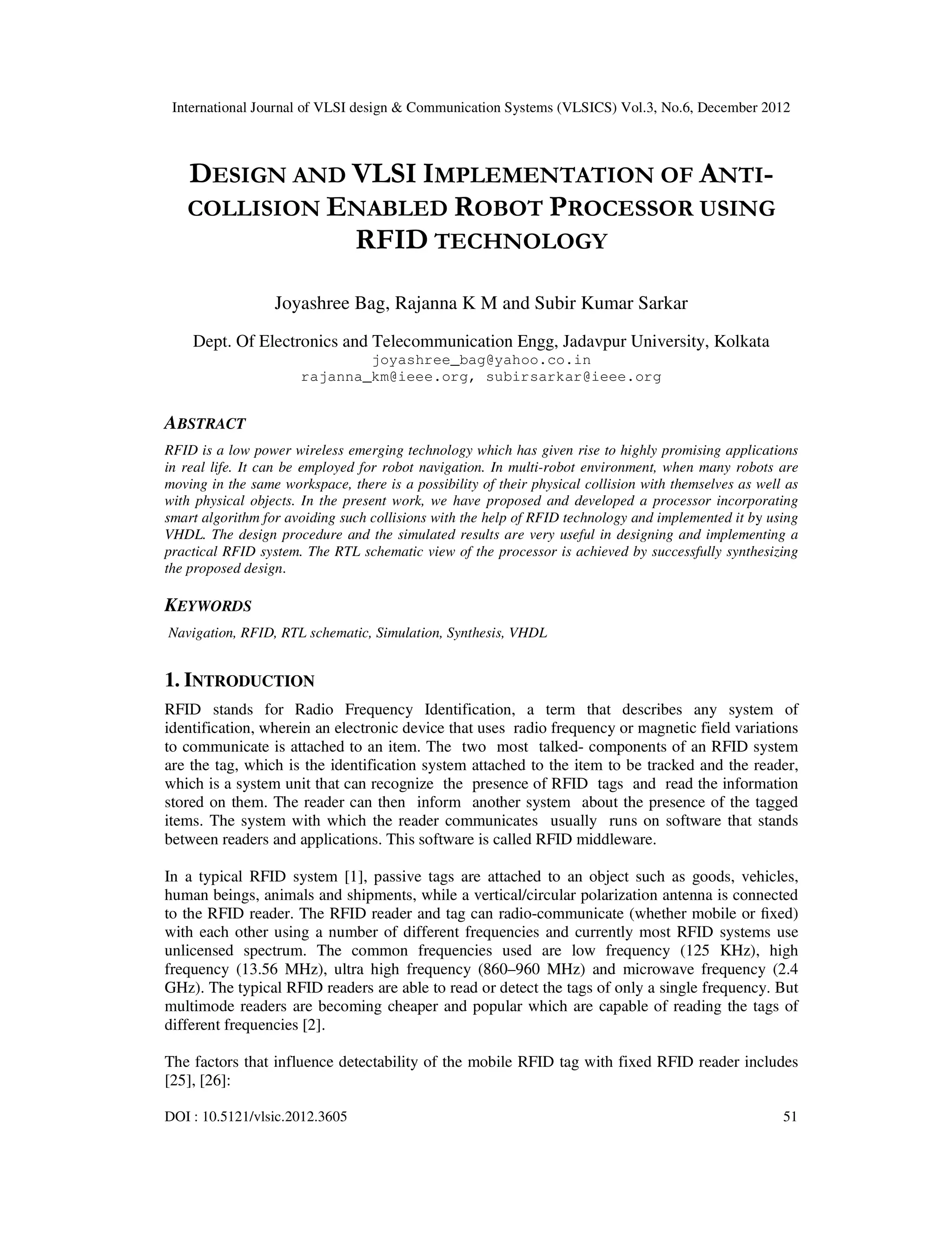 Design And Vlsiimplementation Of Anticollision Enabled Robot Processor Using Rfid Technology Pdf