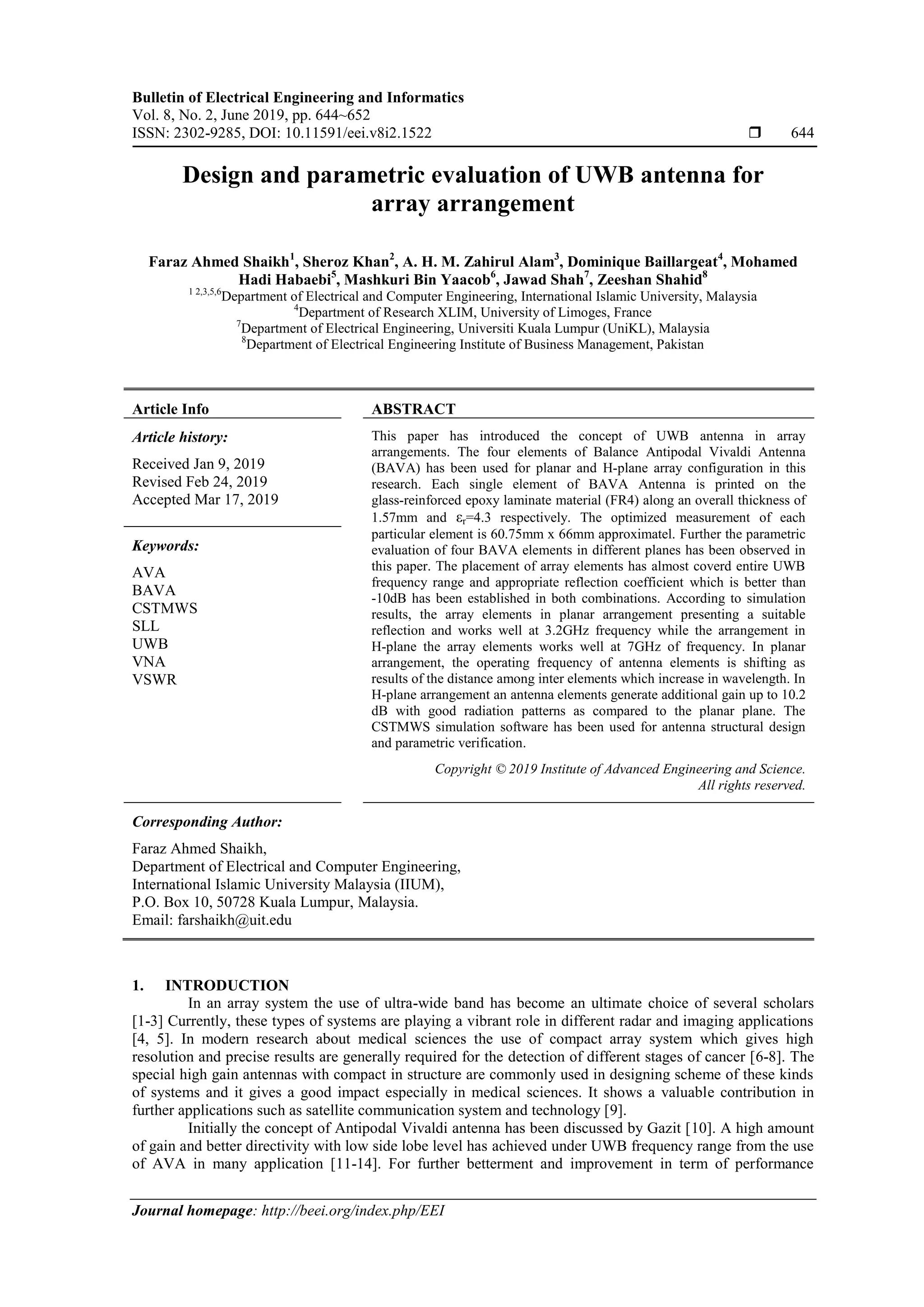 Design and parametric evaluation of UWB antenna for array arrangement | PDF