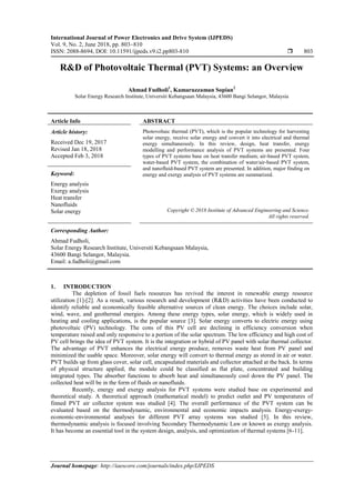 R&D of Photovoltaic Thermal (PVT) Systems: an Overview | PDF