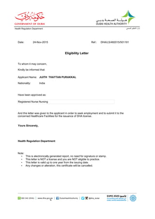 Jijith's cv with DHA Eligibity letter | PDF
