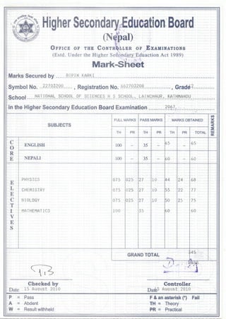 Grade 12 Marksheet | PDF