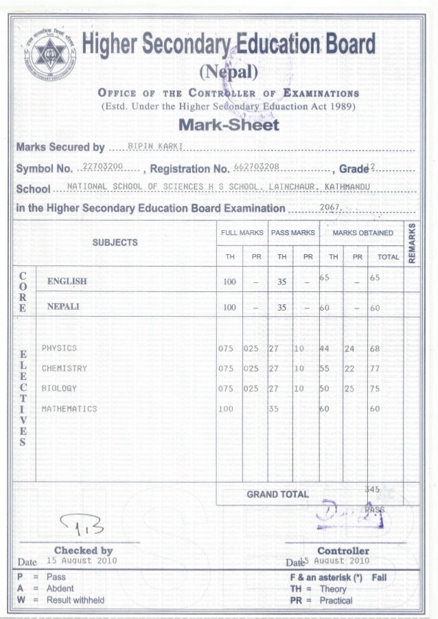 Grade 12 Marksheet Grade 12 Marksheet