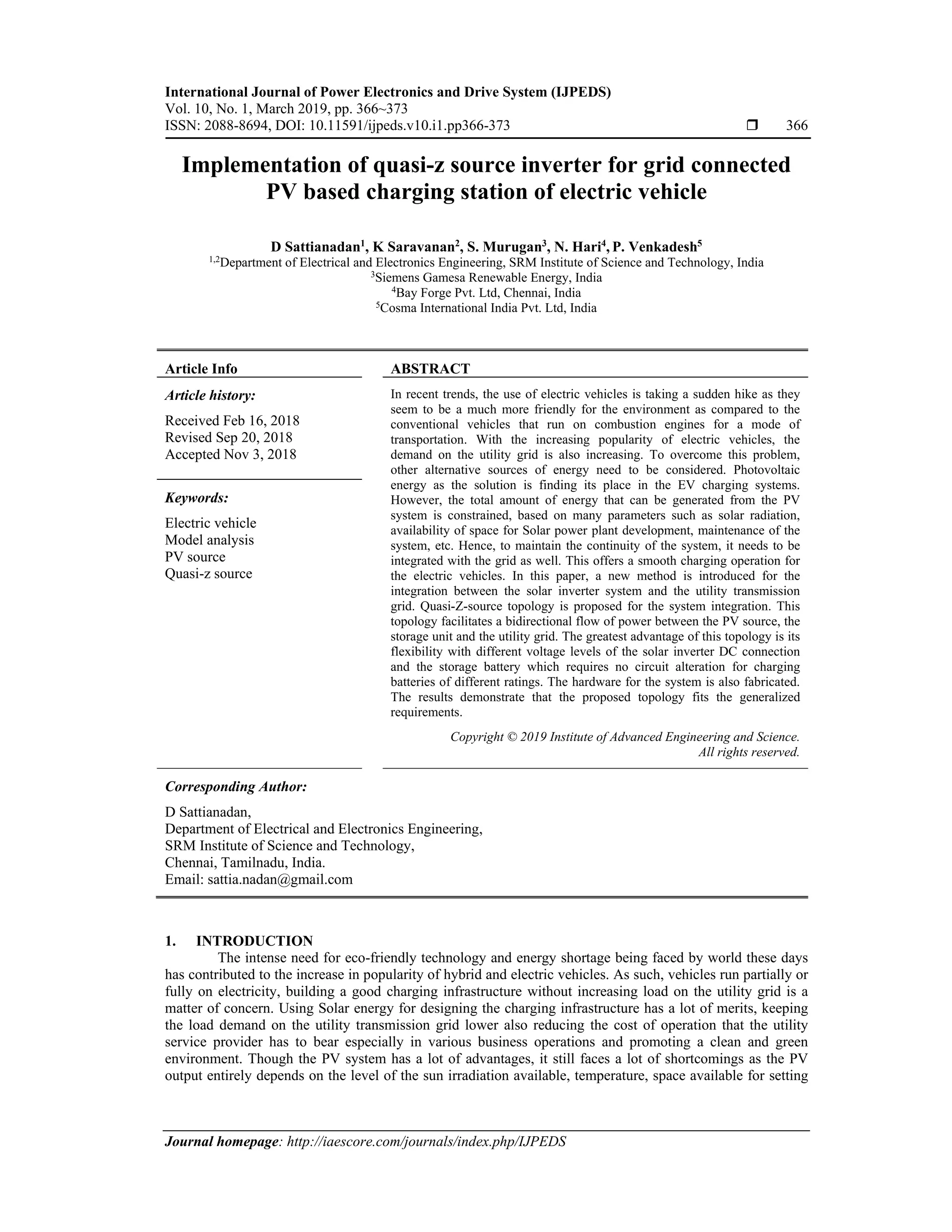 Implementation of quasi-z source inverter for grid connected PV based charging station of ...