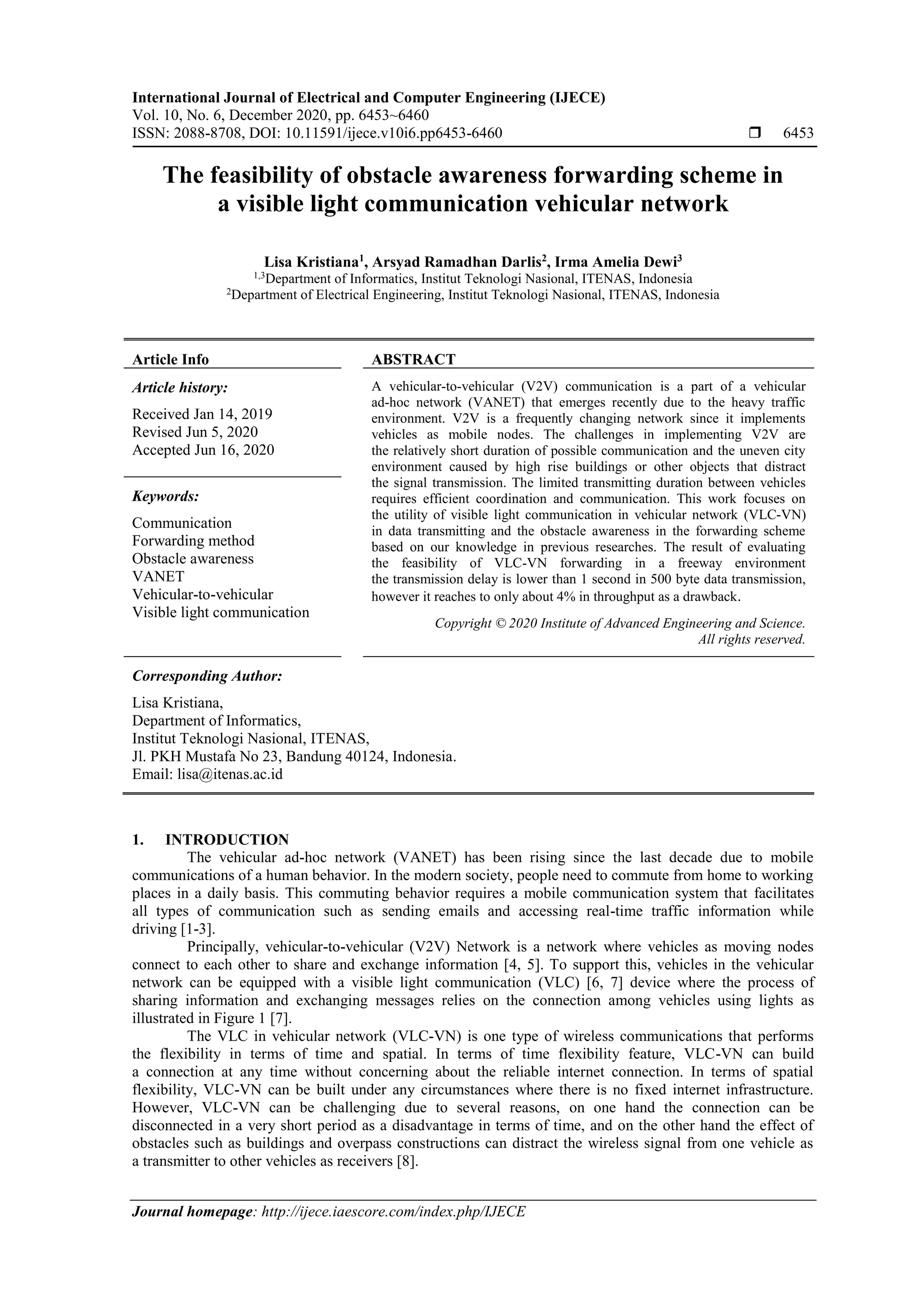 The Feasibility Of Obstacle Awareness Forwarding Scheme In A Visible Light Communication