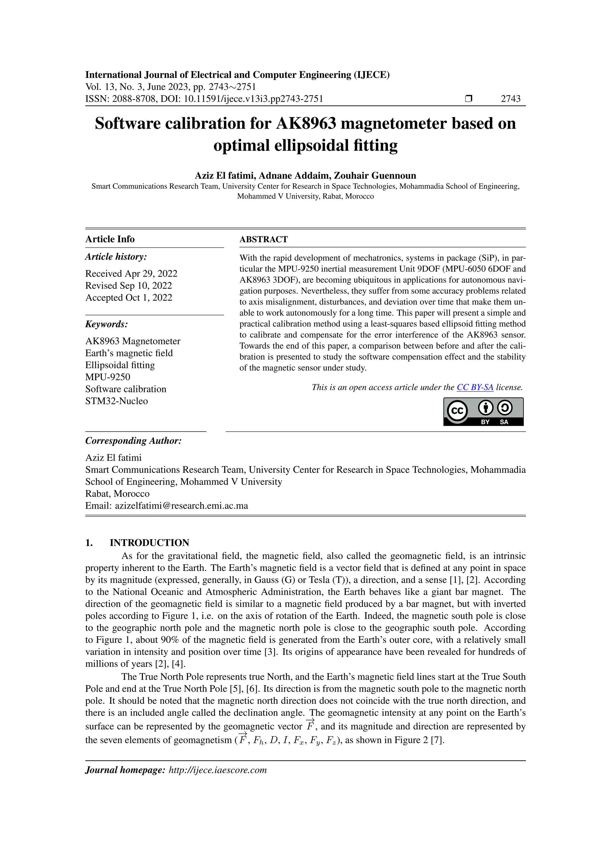 Software calibration for AK8963 magnetometer based on optimal ellipsoidal fitting | PDF ...