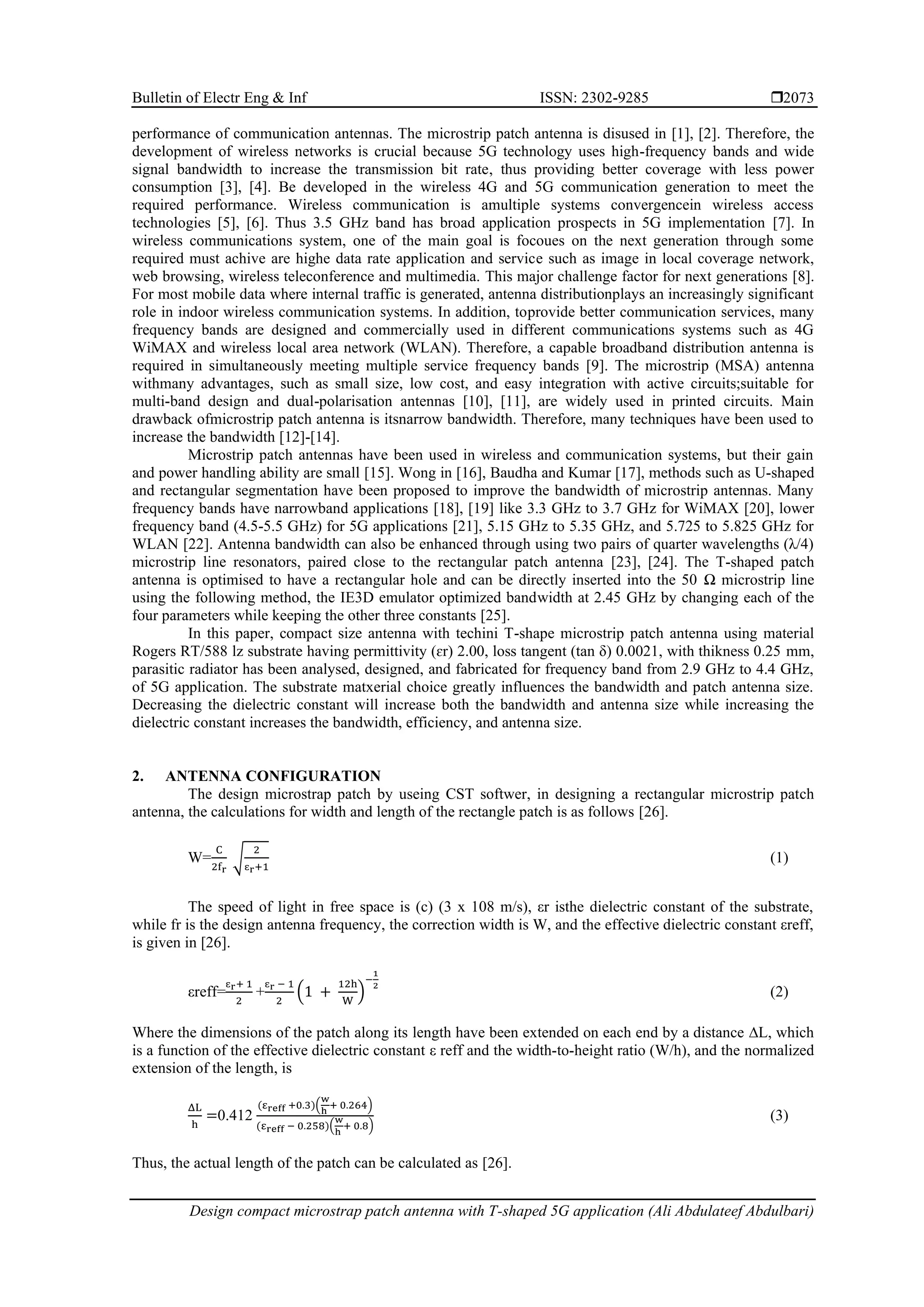 Design compact microstrap patch antenna with T-shaped 5G application | PDF