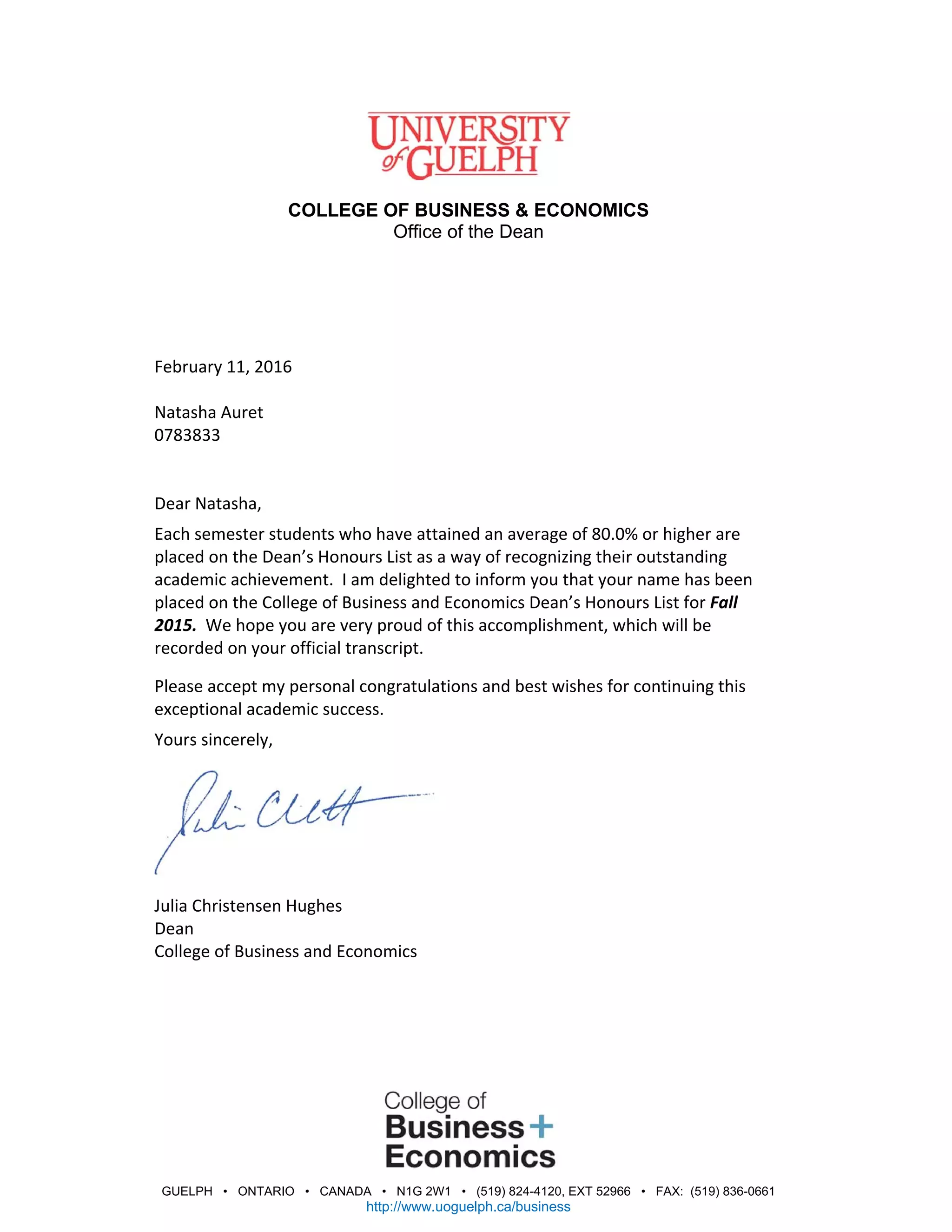 CBE Dean's Honours List Fall 2015 | PDF