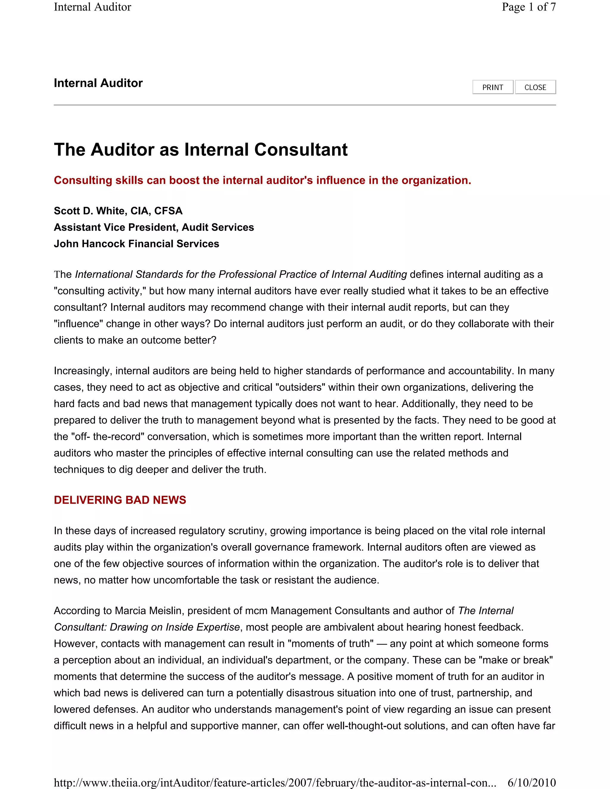 Internal Auditor as Consultant | PDF