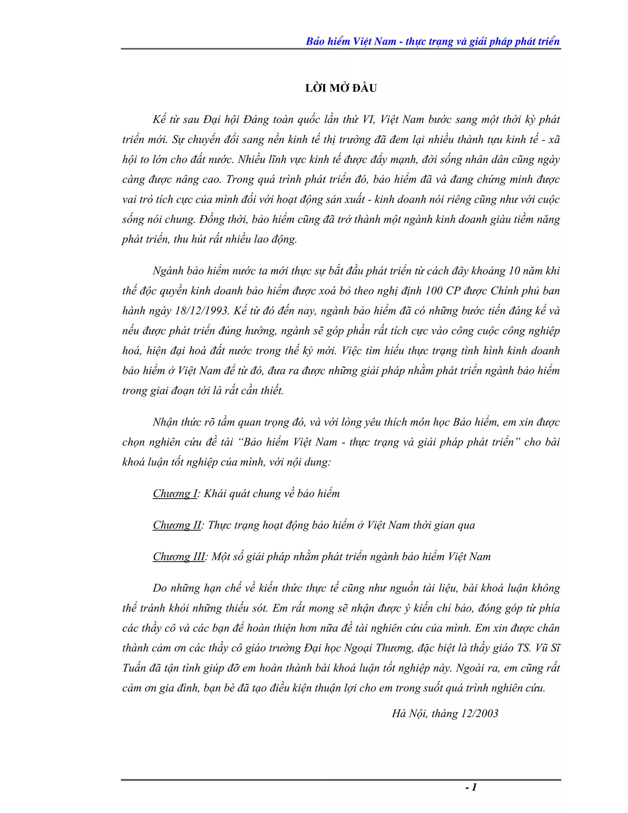 Luận văn: Bảo hiểm Việt Nam - Thực trạng và giải pháp phát triển, HAY | PDF