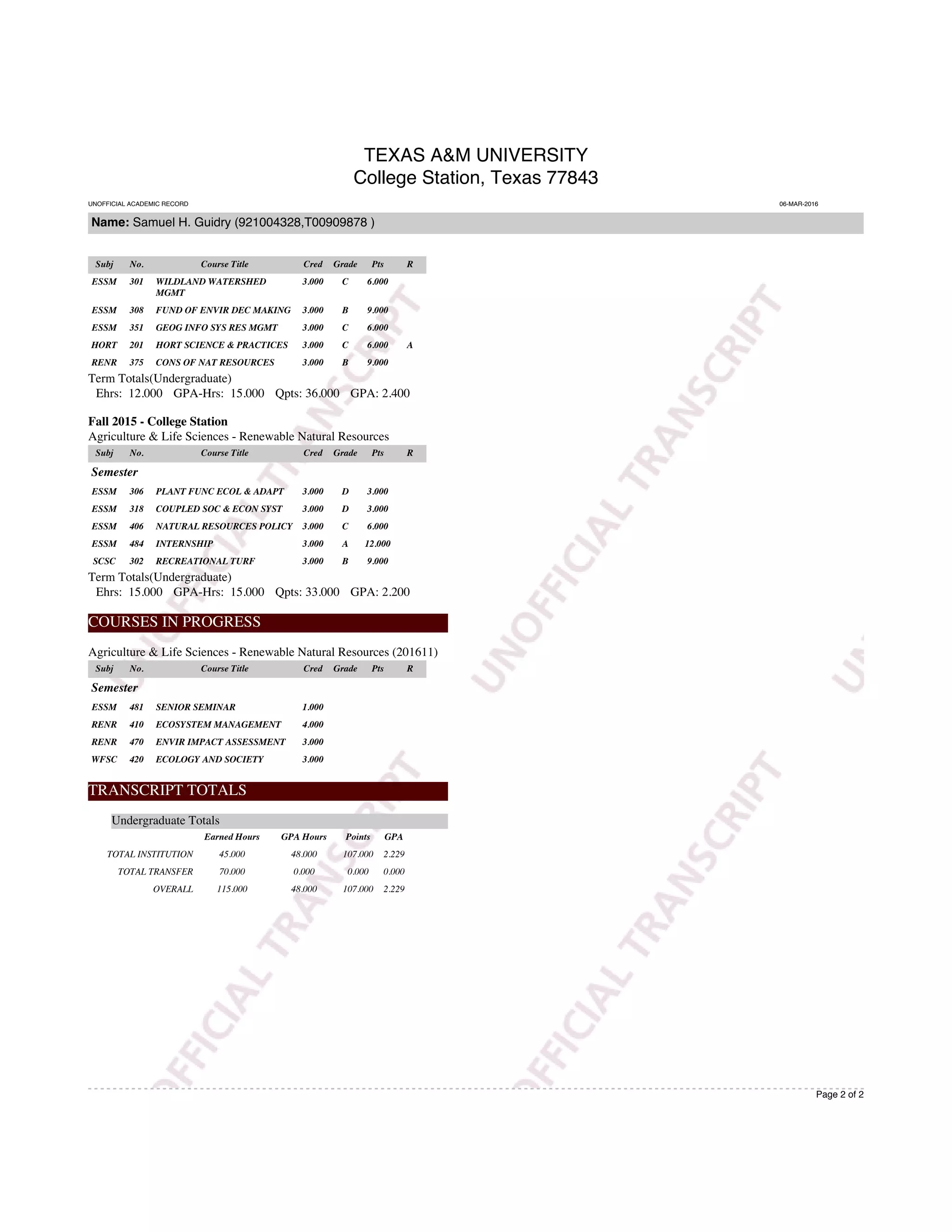 TEXAS A&M TRANSCRIPT | PDF