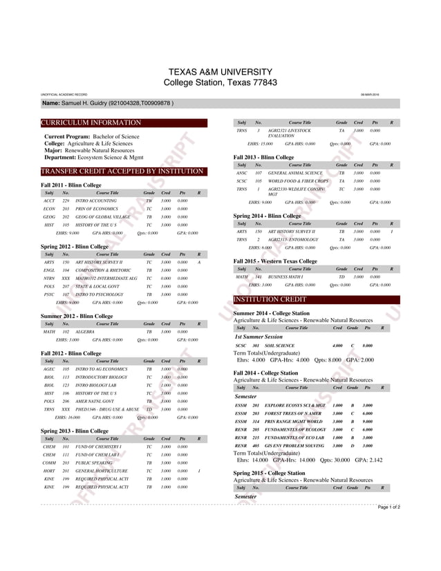 TEXAS A&M TRANSCRIPT | PDF