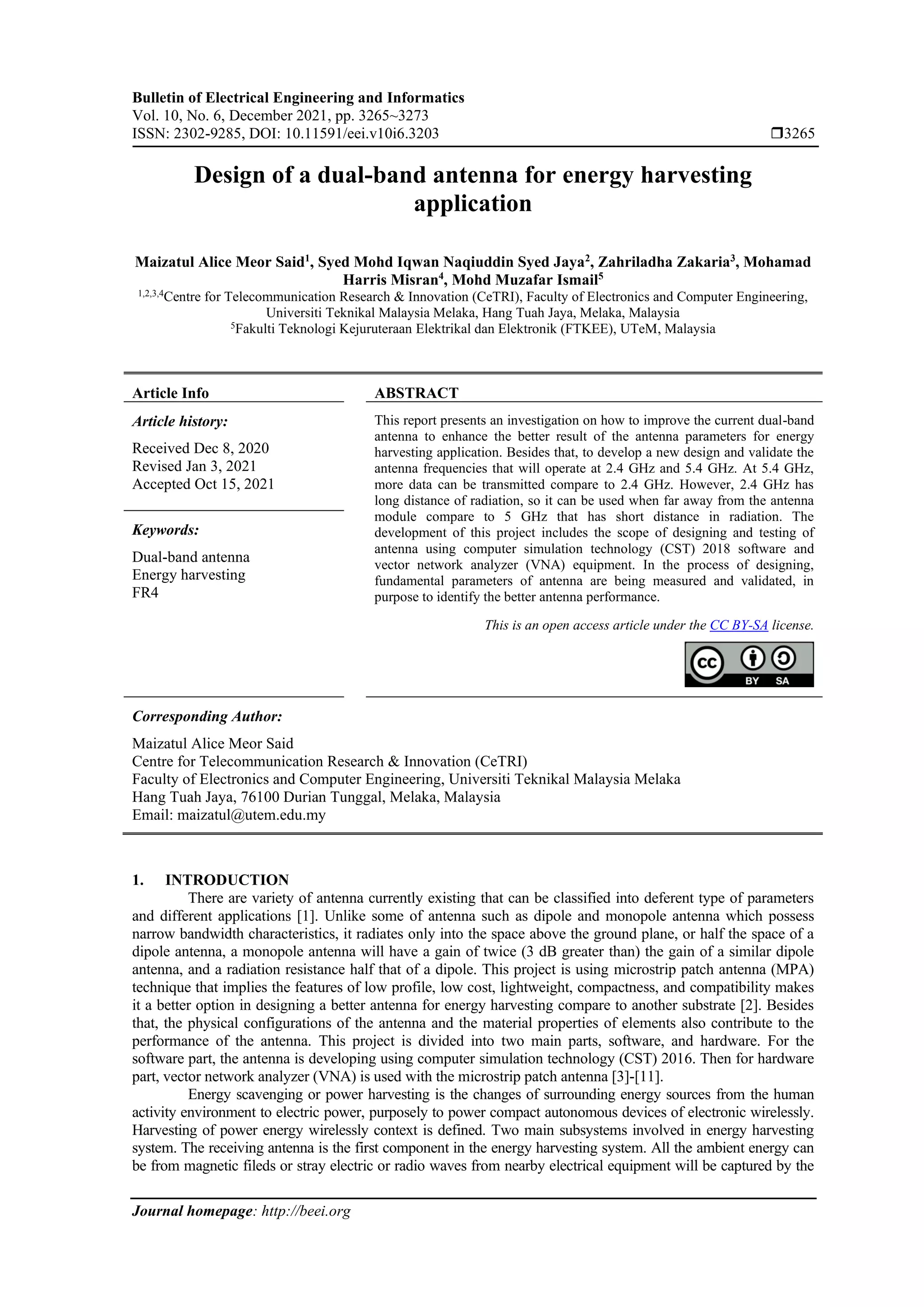 Design of a dual-band antenna for energy harvesting application | PDF