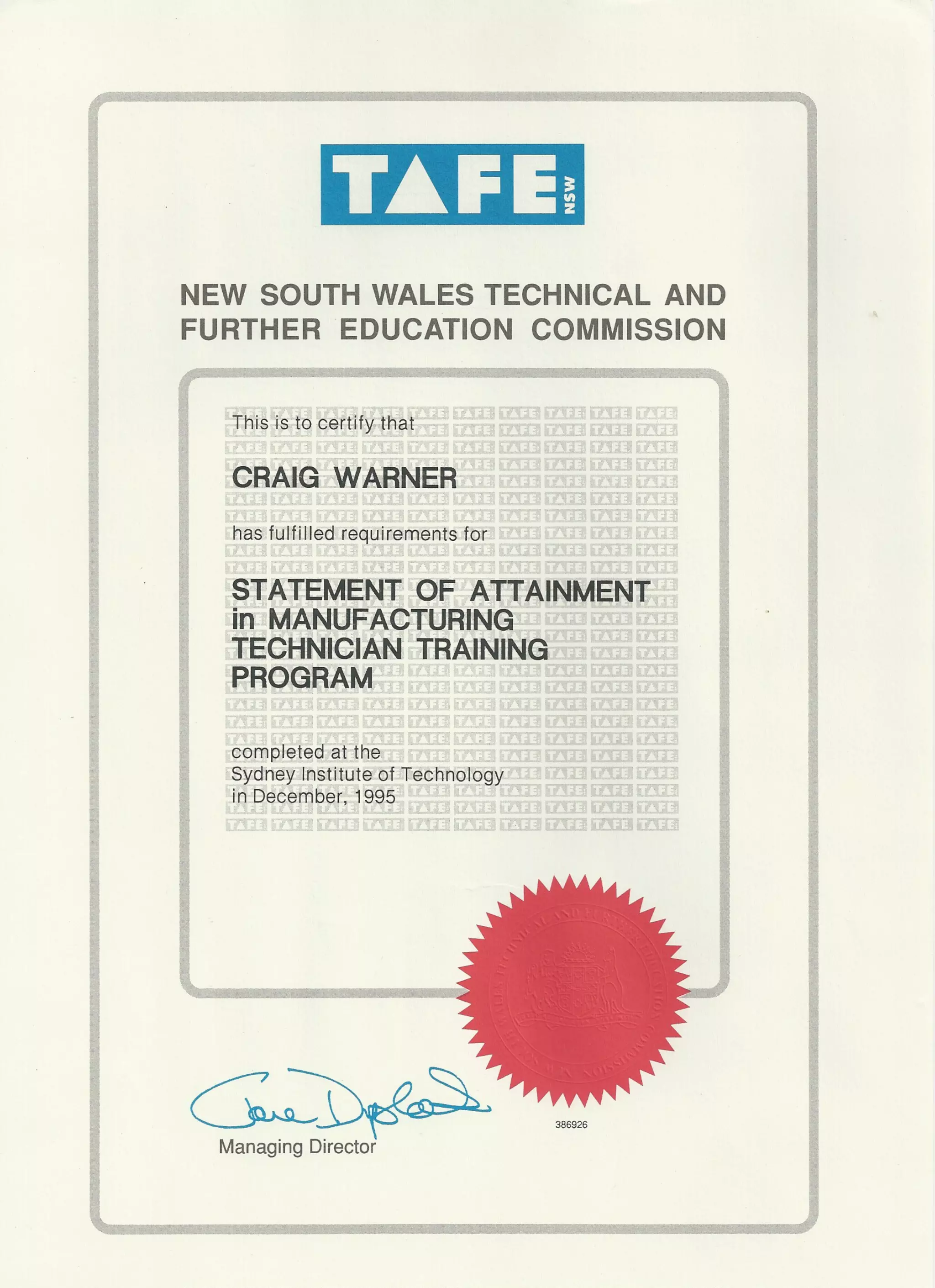 TAFE Statement of attainment in manufacturing technician training program | PDF