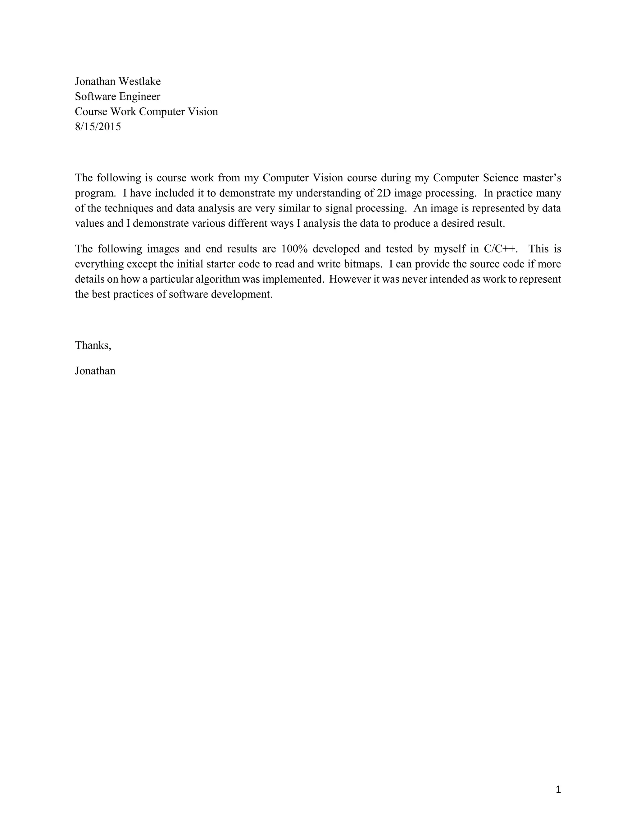 JonathanWestlake_ComputerVision_Project1 | PDF