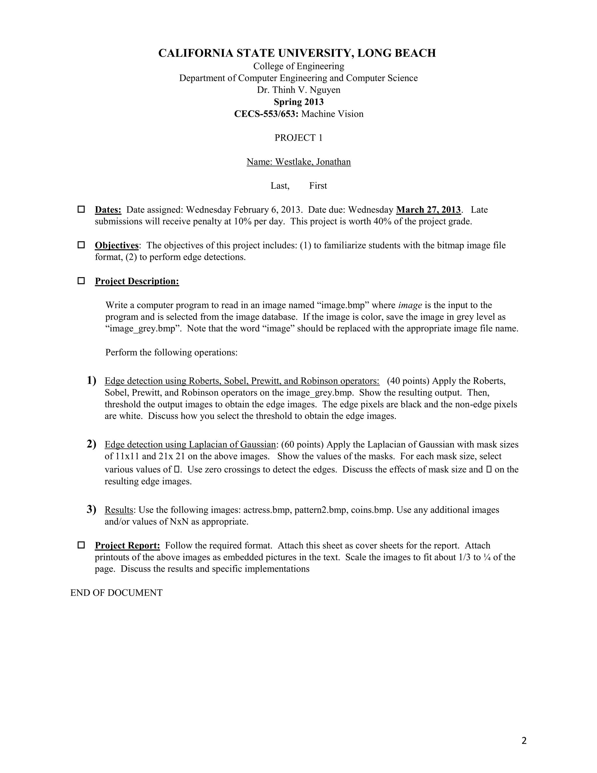 JonathanWestlake_ComputerVision_Project1 | PDF