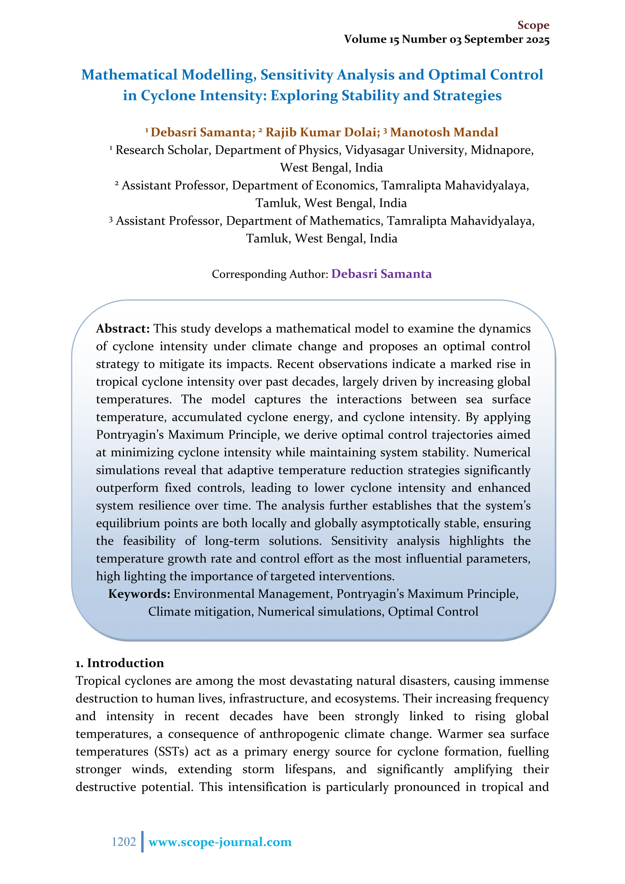 Mathematical Modelling, Sensitivity Analysis, and Optimal Control in Cyclone Intensity ...