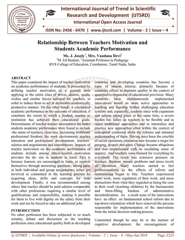 Relationship Between Teachers Motivation and Students Academic ...