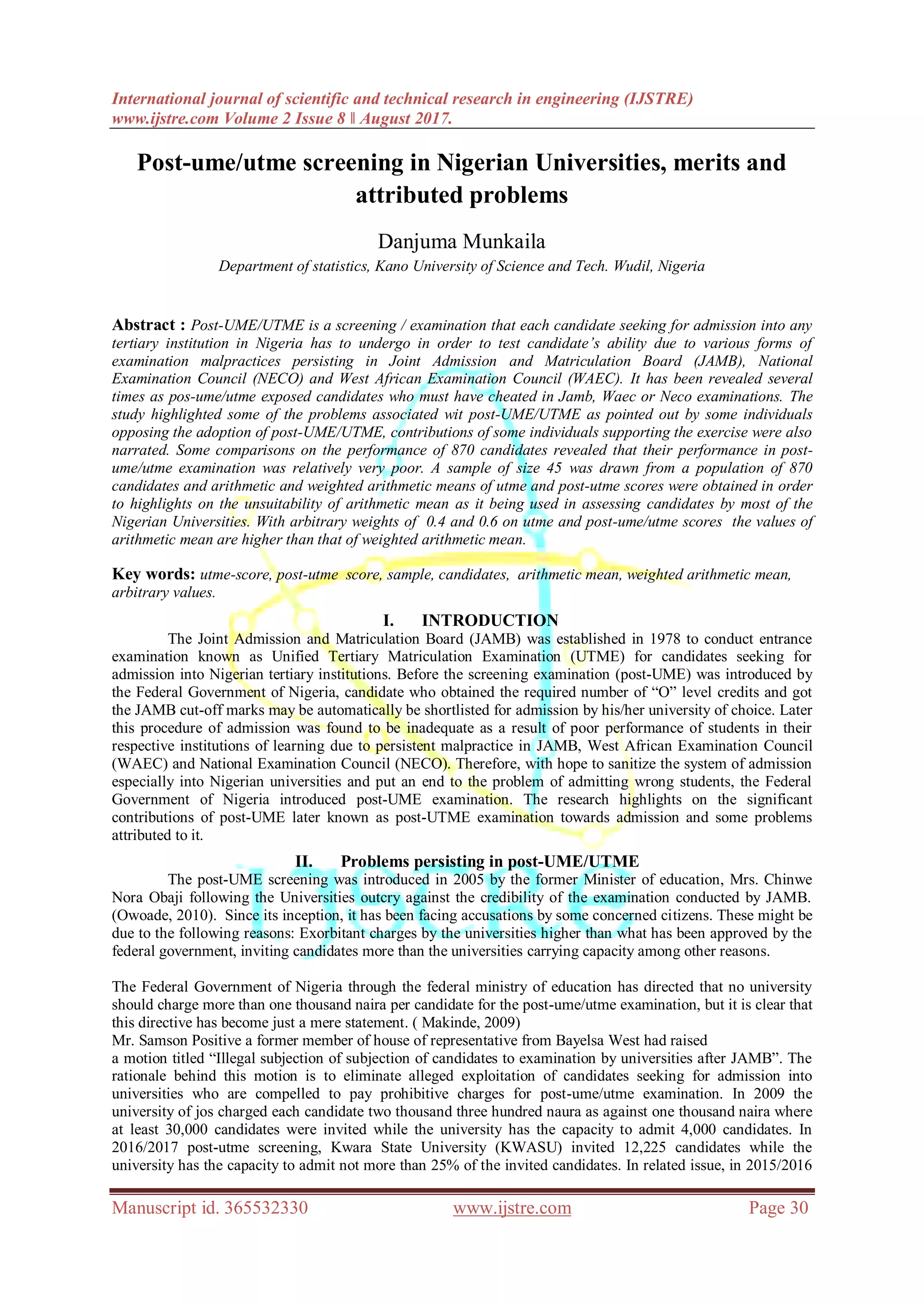 Post-ume/utme screening in Nigerian Universities, merits and attributed ...