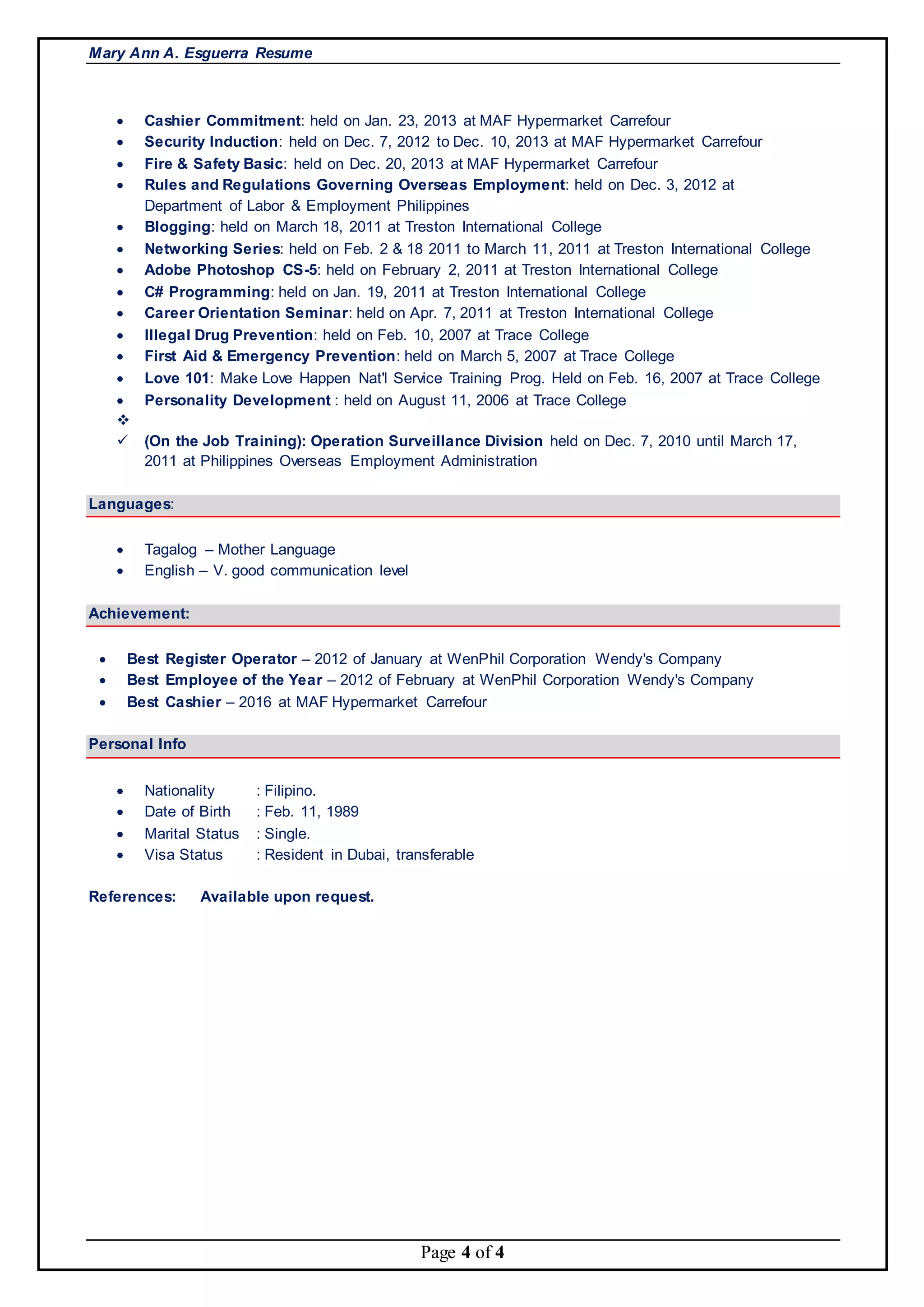 Mary Ann Esguerra CV -update Dec 2016 | DOCX | Credit Cards | Personal Debt