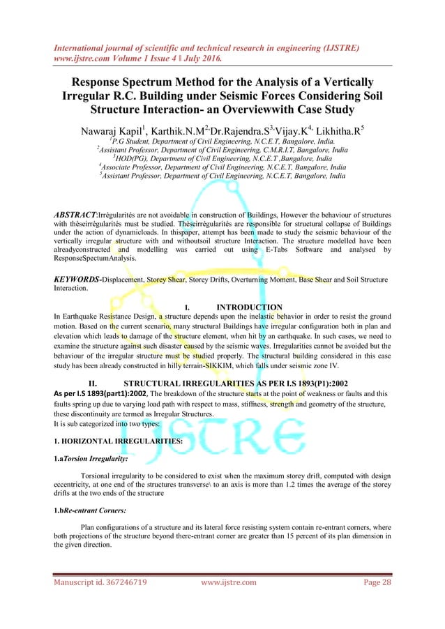Response Spectrum Method for the Analysis of a Vertically Irregular R.C. Building under Seismic ...