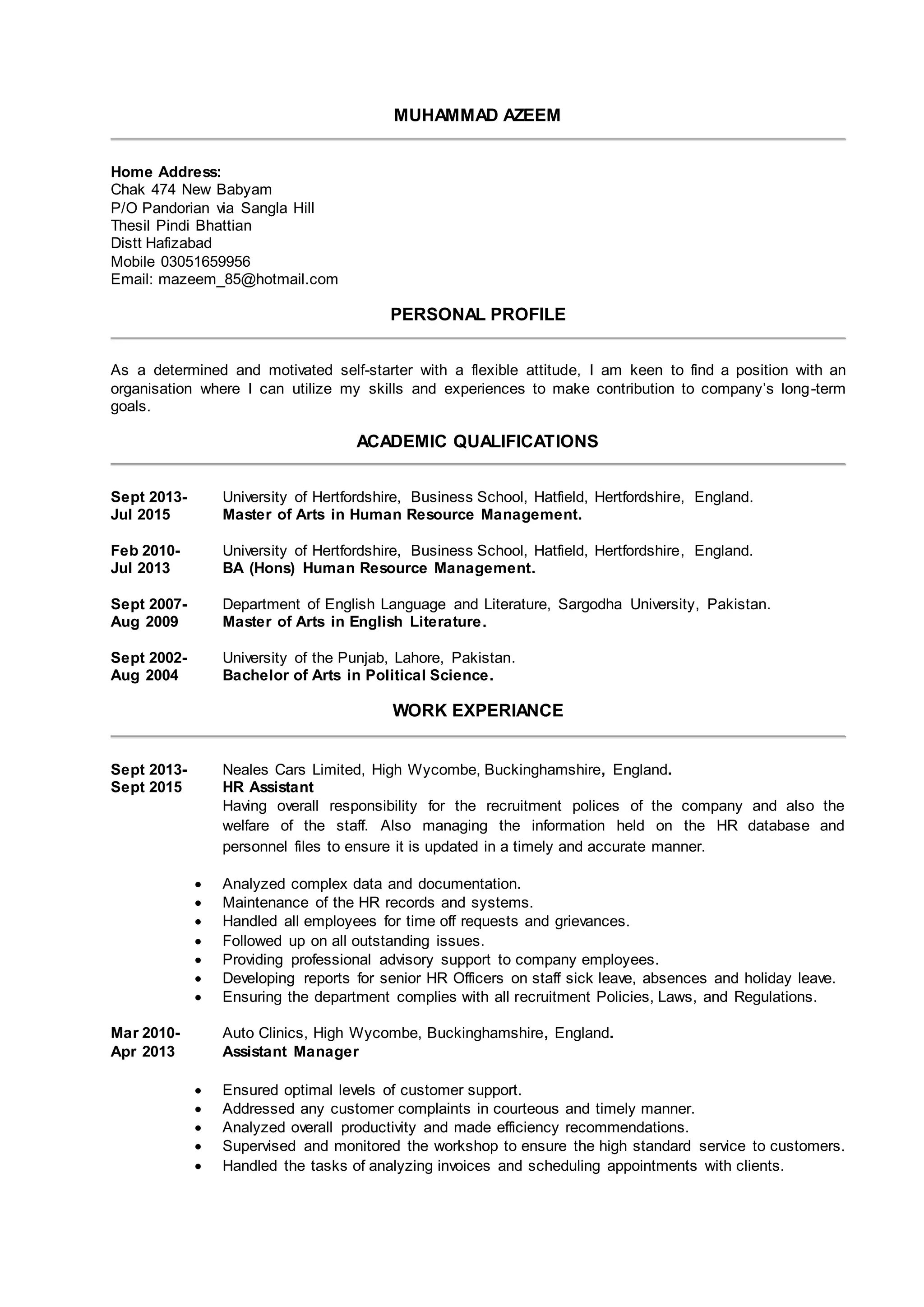 CV for Muhammad Azeem | DOCX | Human Resources | Business
