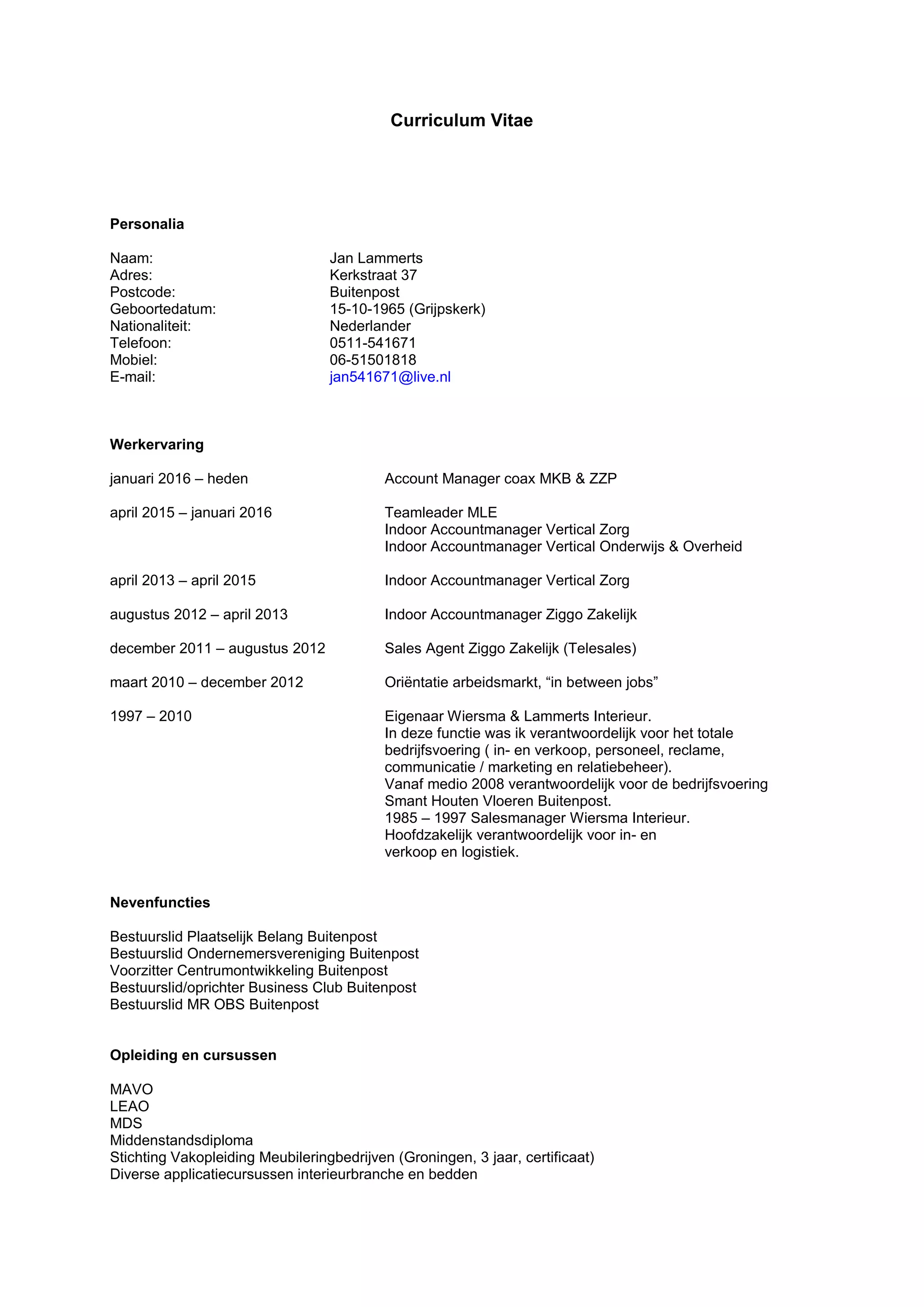 Curriculum Vitae Jan Lammerts 2016 | PDF
