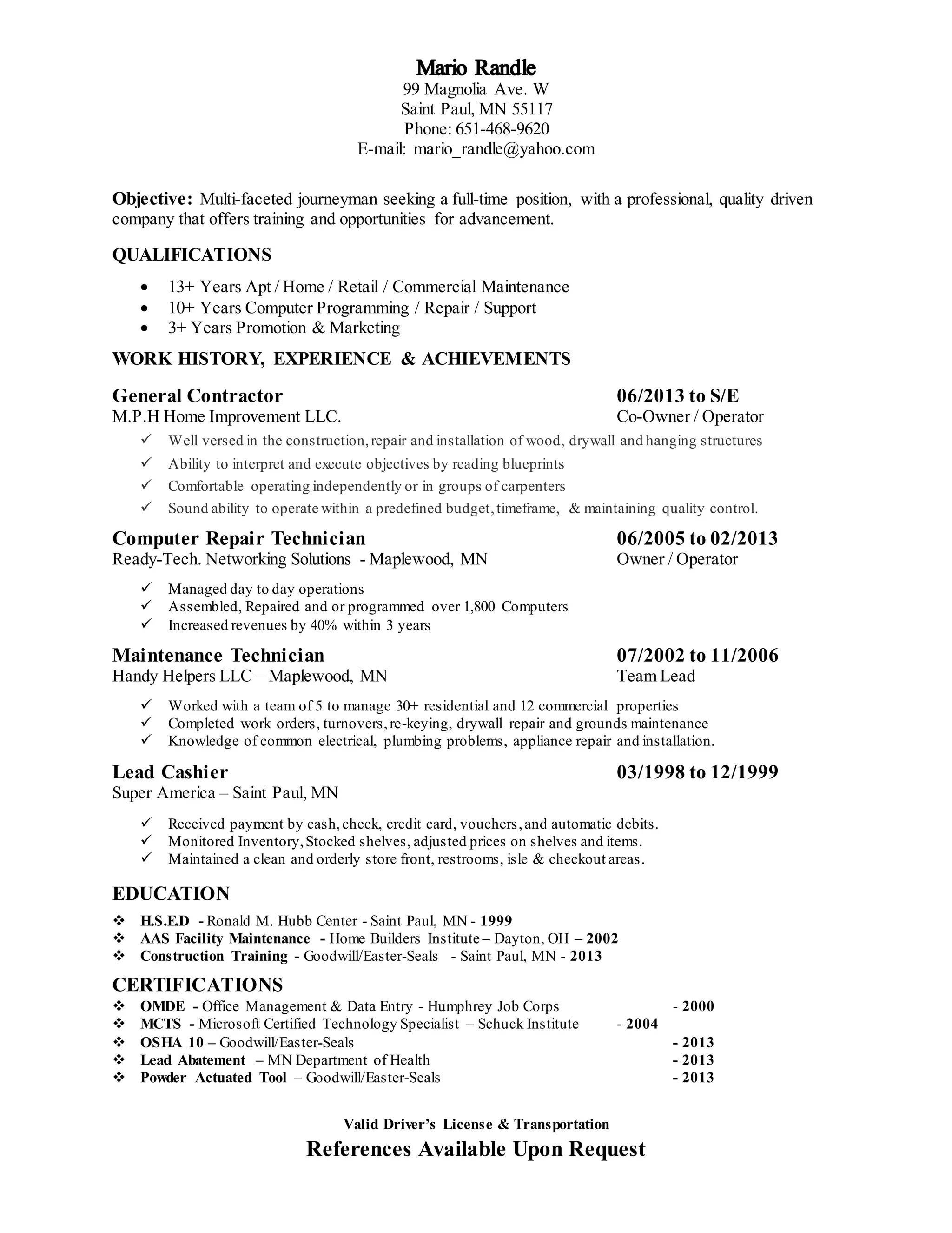 Mario Randle Resume 2015 | DOCX