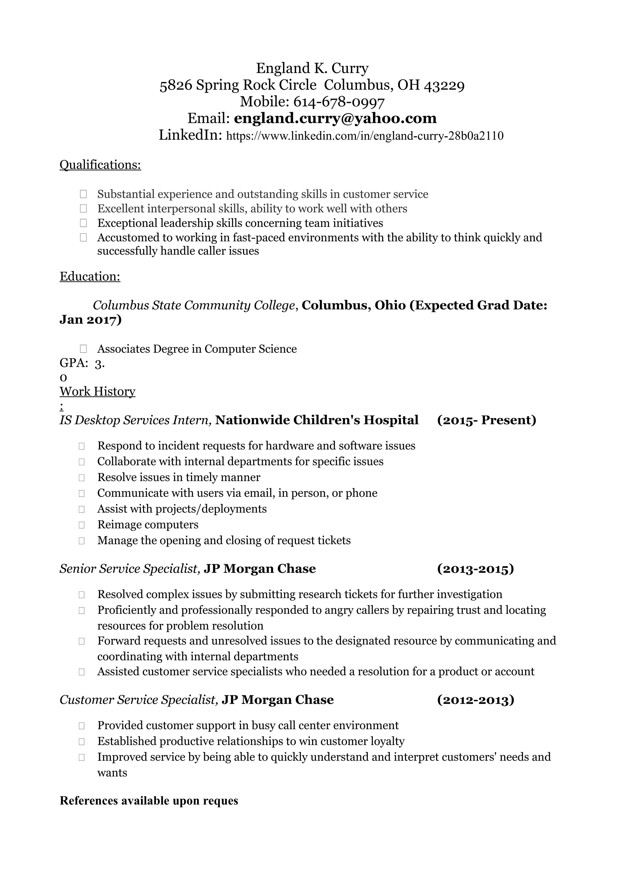 England Curry Resume | PDF