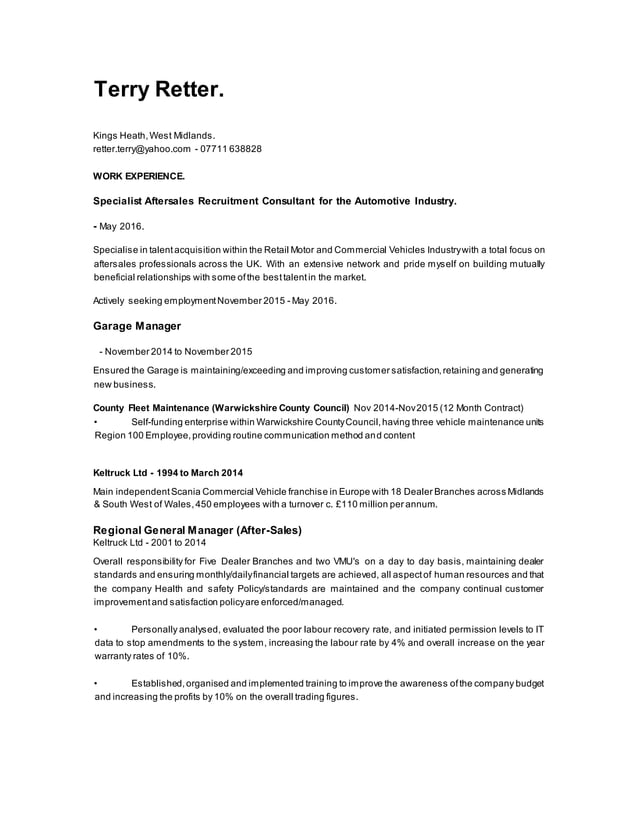 Terry Retter final CV 8 (2) | DOCX | Automotive Industry | Industries