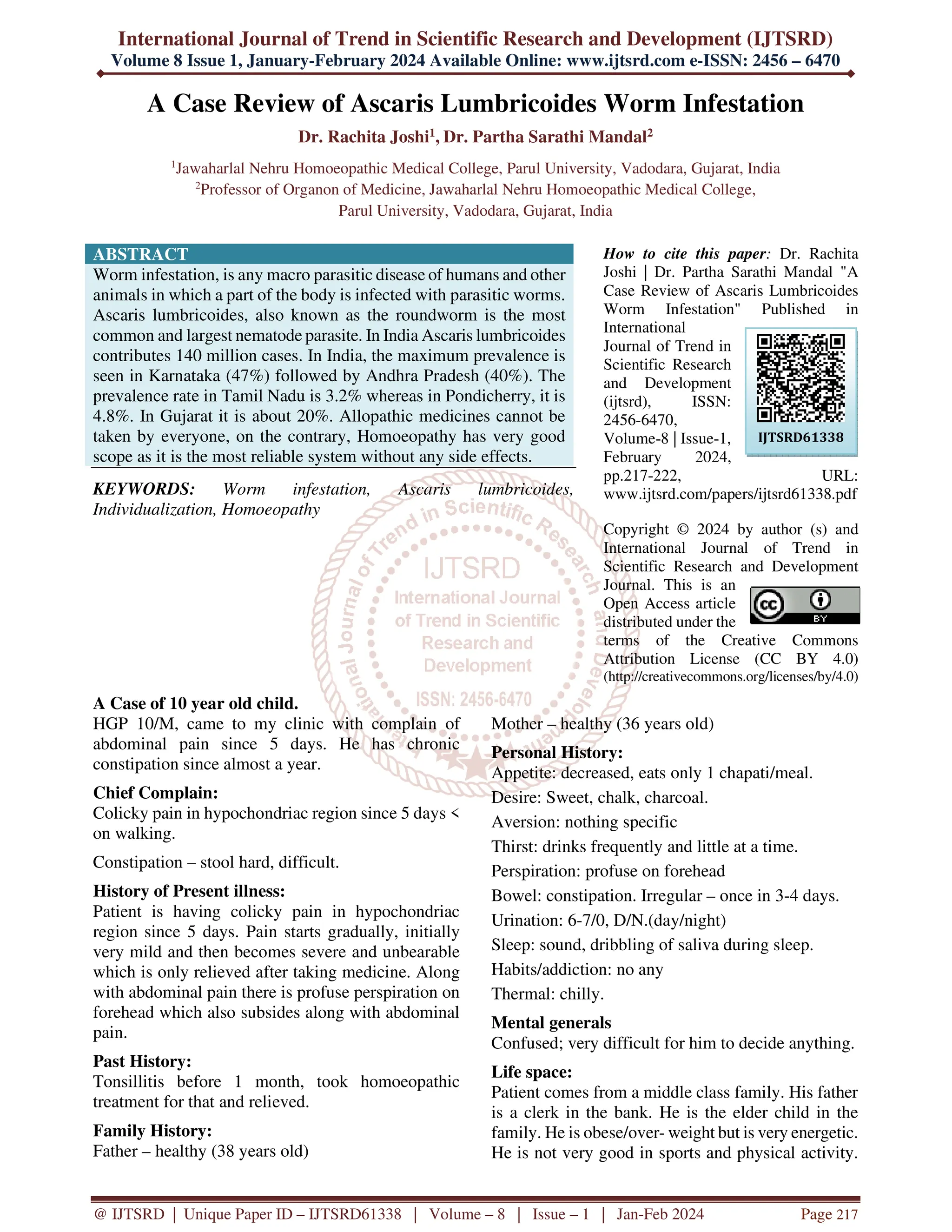 A Case Review of Ascaris Lumbricoides Worm Infestation | PDF