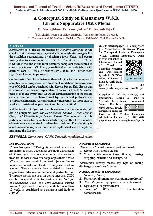 A Conceptual Study on Karnasrava W.S.R. Chronic Suppurative Otitis Media | PDF