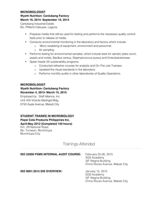 CPBCALAYAN Resume 2016 | PDF | Business | Business and Finance