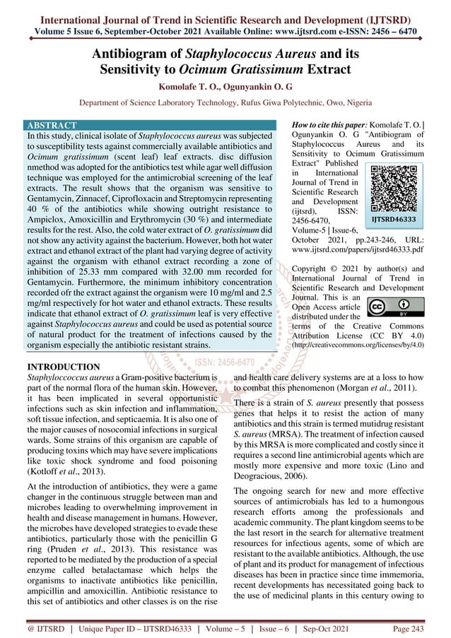 Antibiogram of Staphylococcus Aureus and its Sensitivity to Ocimum ...