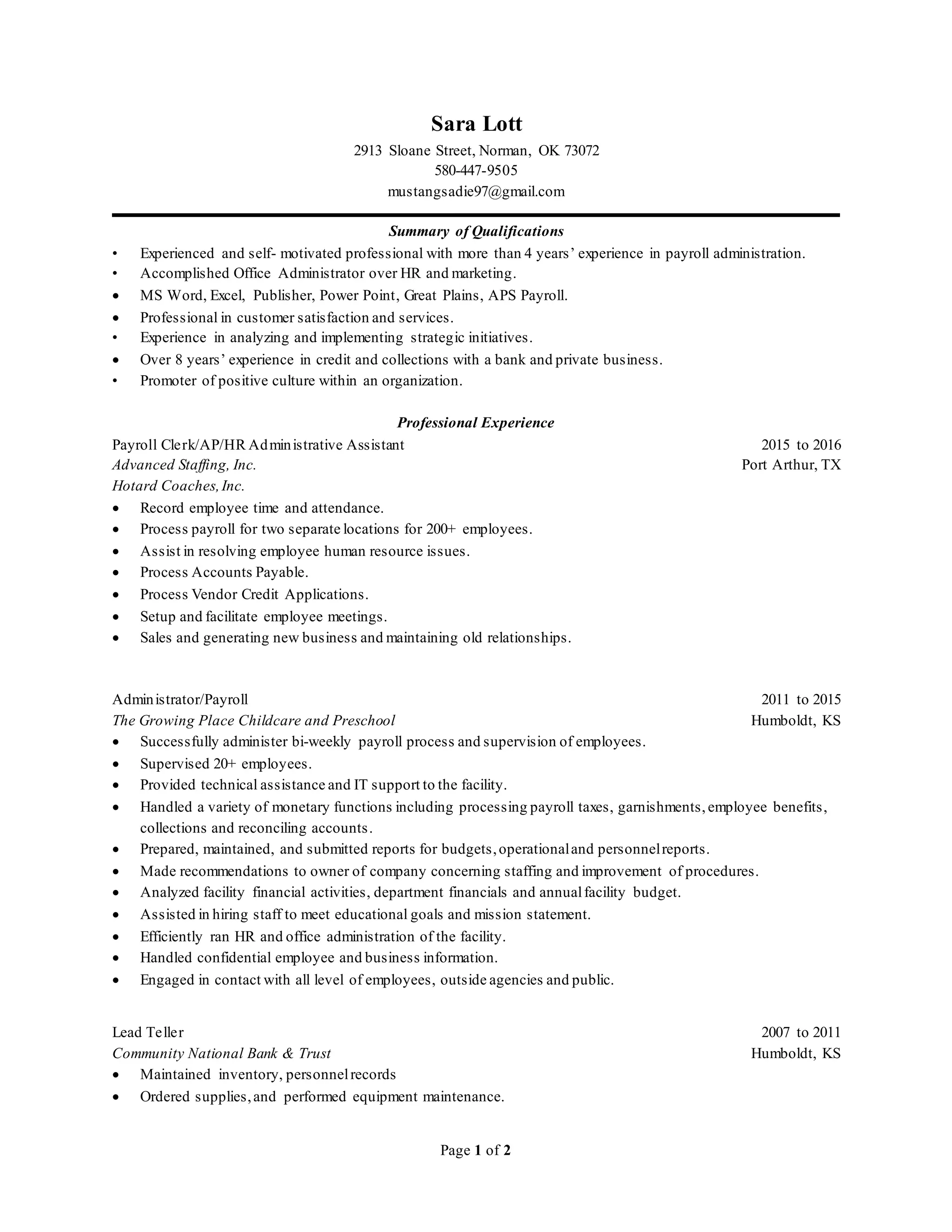 Sara Lott October 2016 Resume | PDF