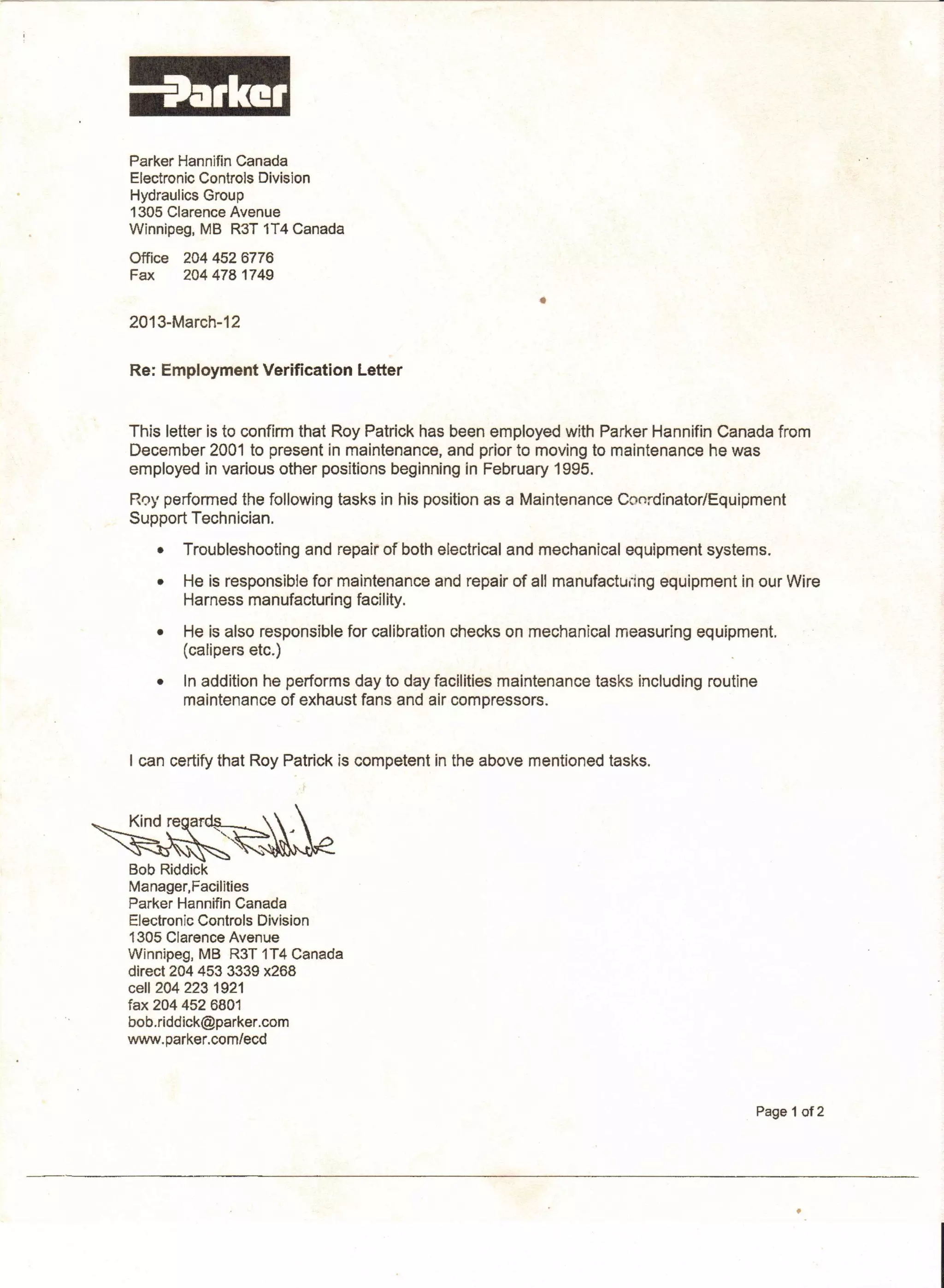 Parker Employment verification letter | PDF