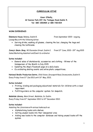 Curriculum Vitae for Conor O'Reilly | DOCX | Skateboarding | Extreme Sports