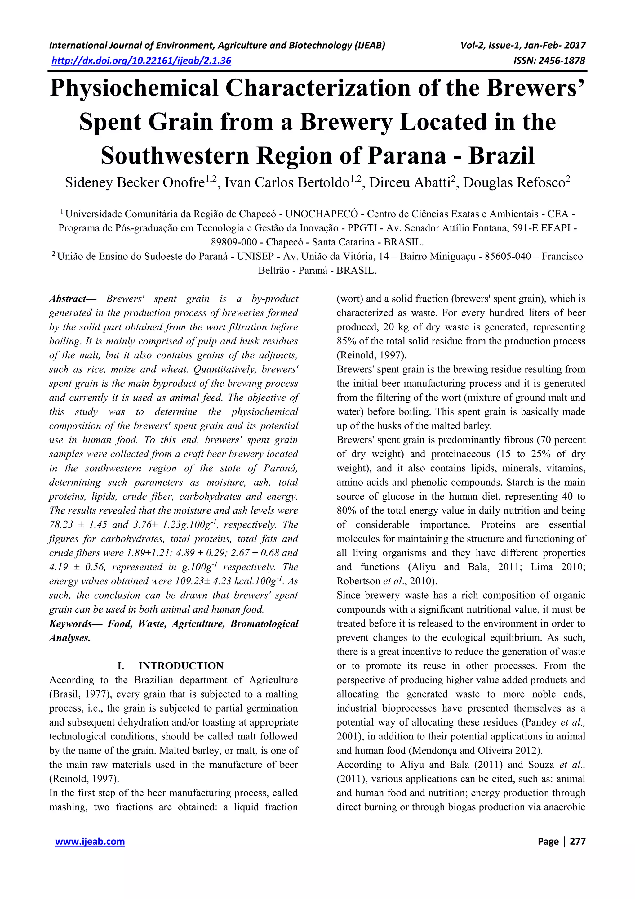 physiochemical characterization of the brewers’ spent grain from a brewery | PDF