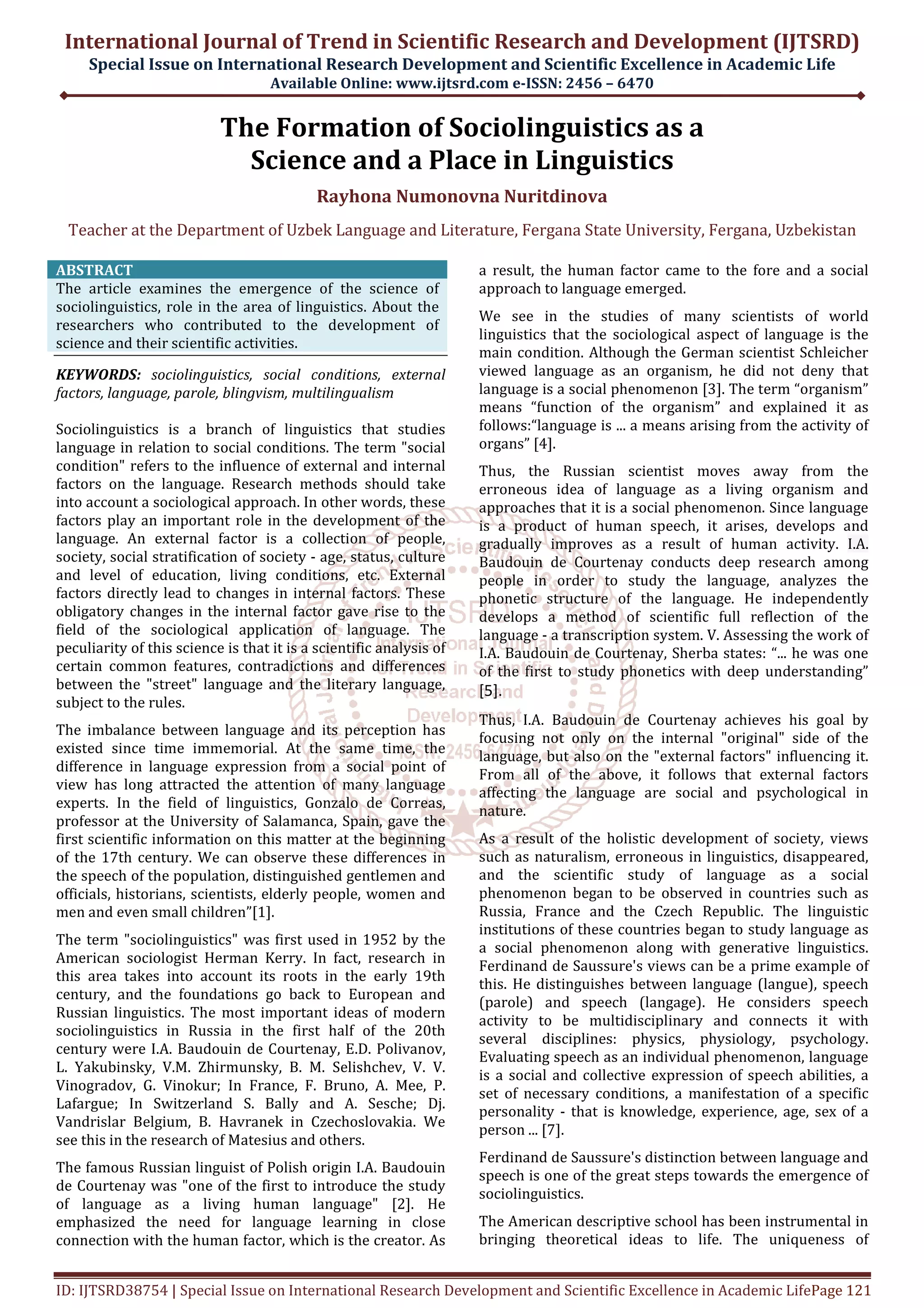 The Formation of Sociolinguistics as a Science and a Place in ...