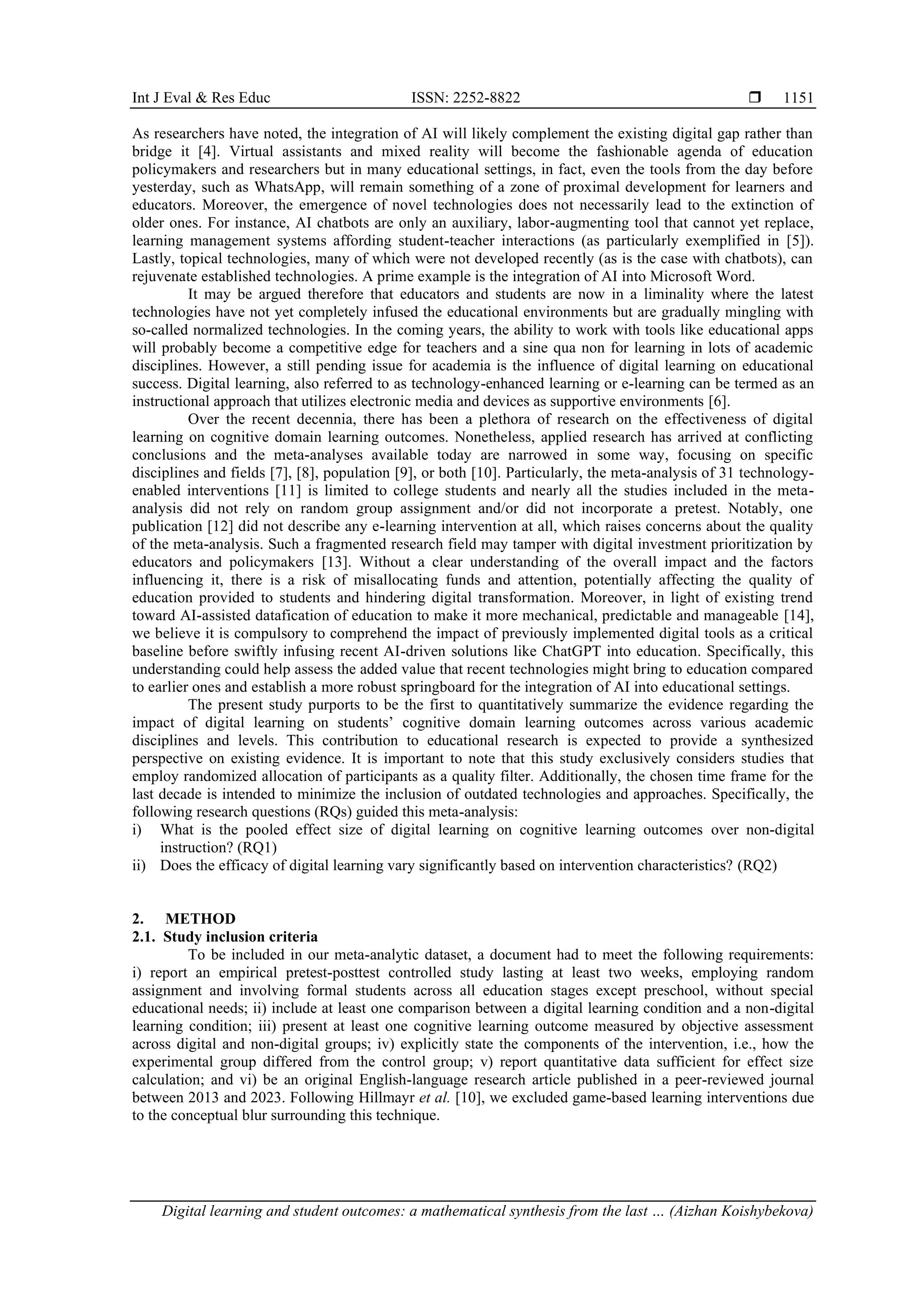 Digital learning and student outcomes: a mathematical synthesis from ...