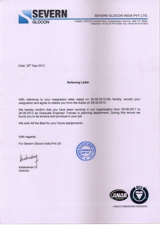 Severn Glocon work experience proof | PDF