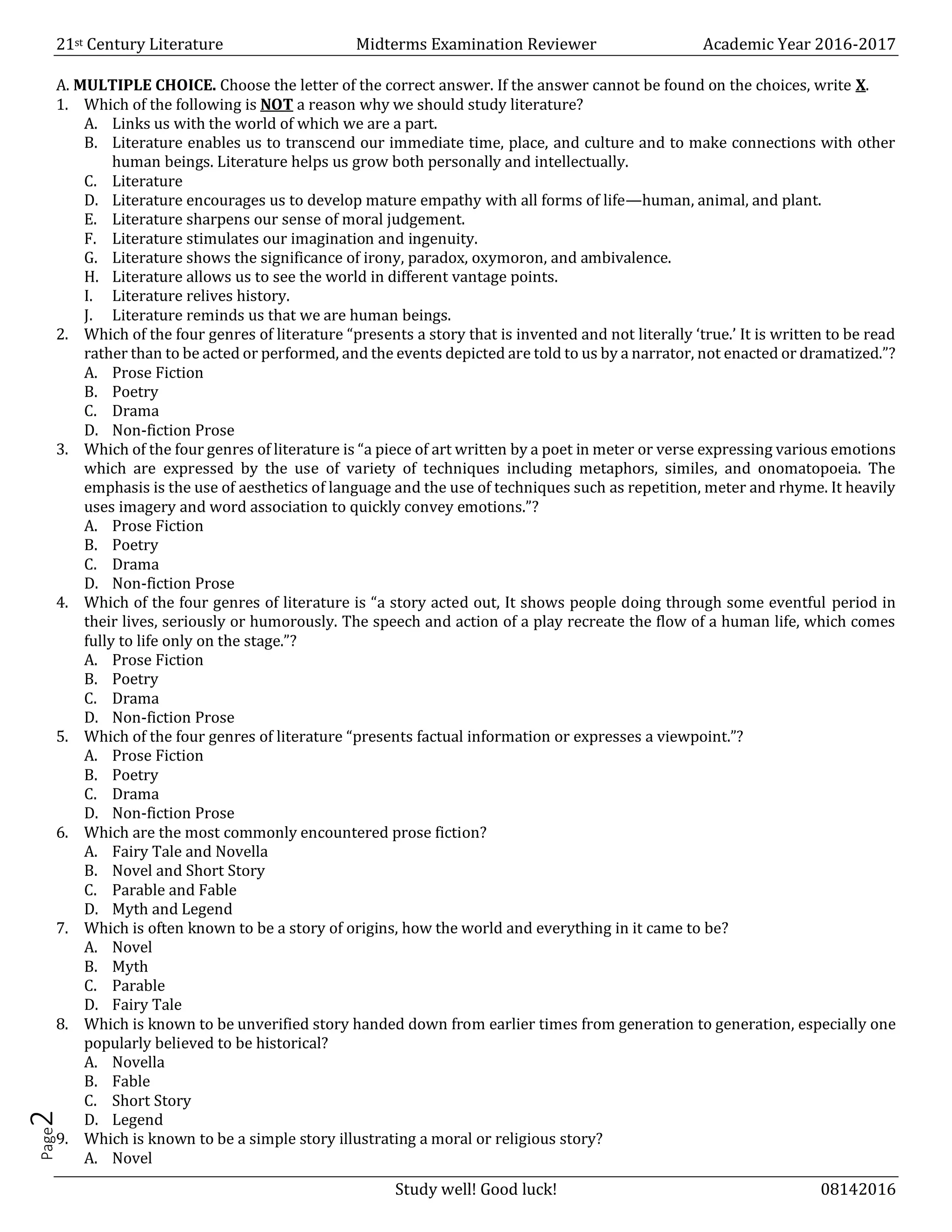 21st century literature midterm exam | PDF