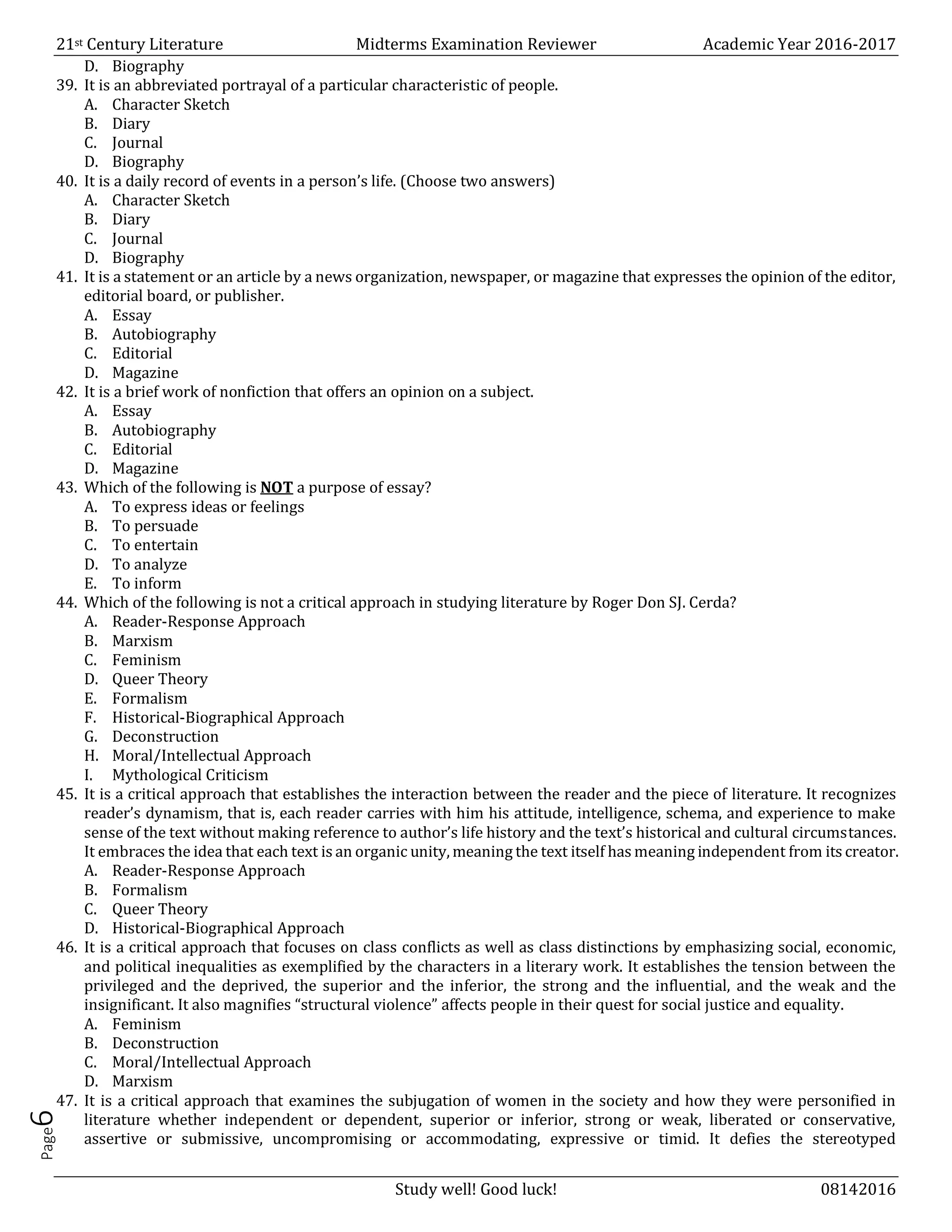 21st century literature midterm exam | PDF