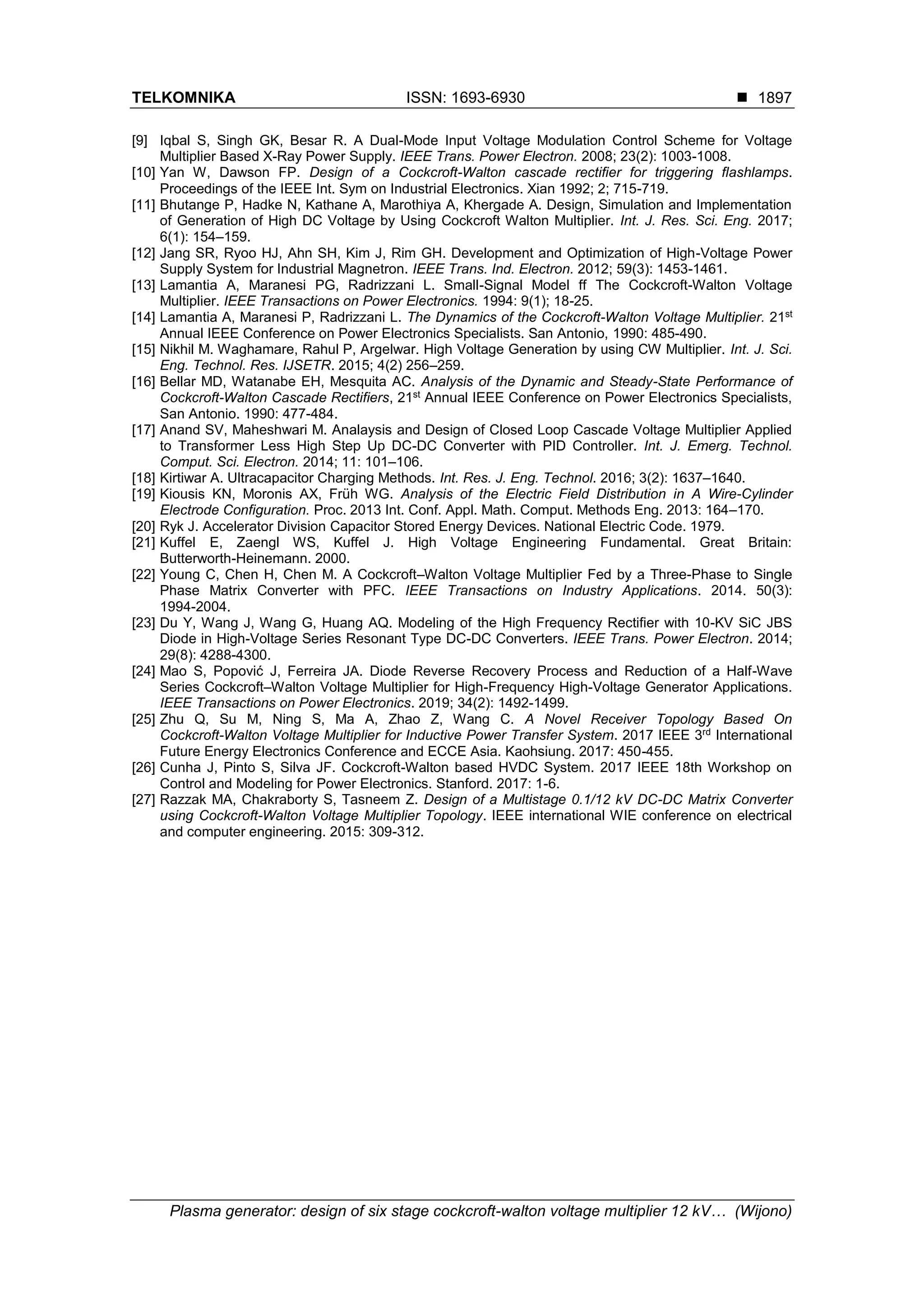 Plasma generator: design of six stage cockcroft-walton voltage ...