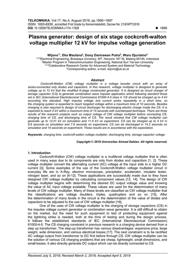 Plasma generator: design of six stage cockcroft-walton voltage ...
